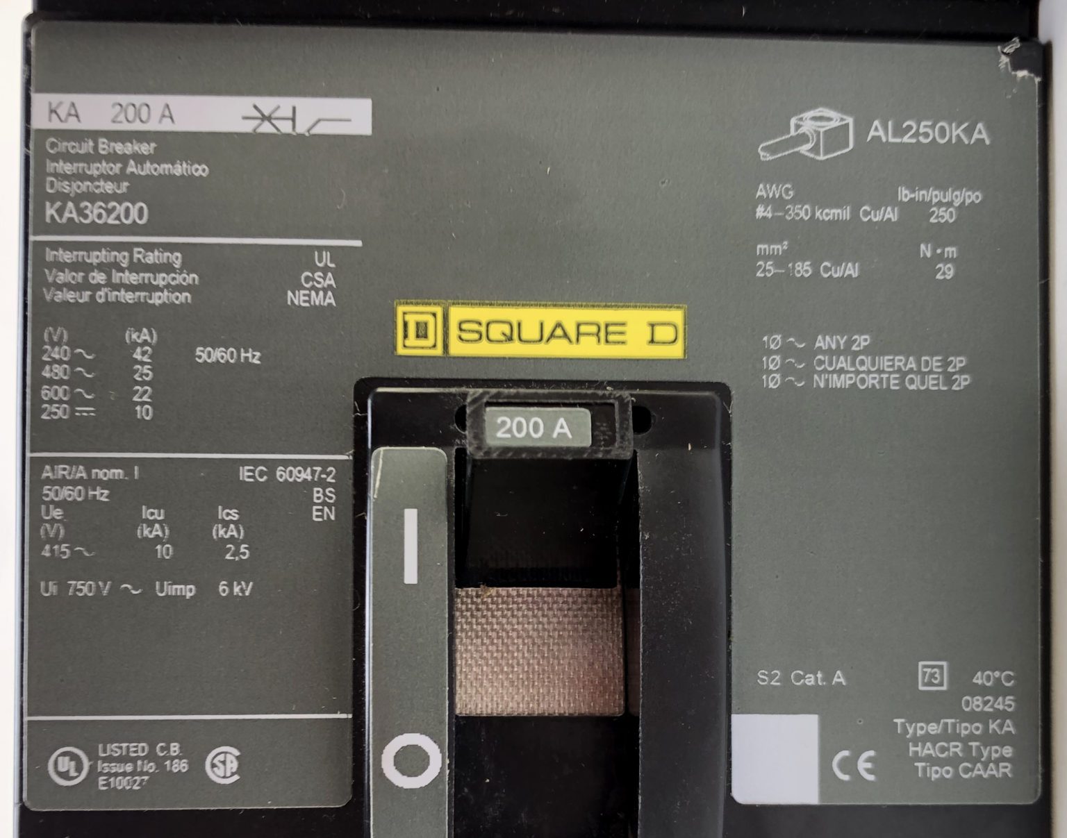 Square D KA36200 3 Pole 200 Amp 600 Vac I-Line Circuit Breaker