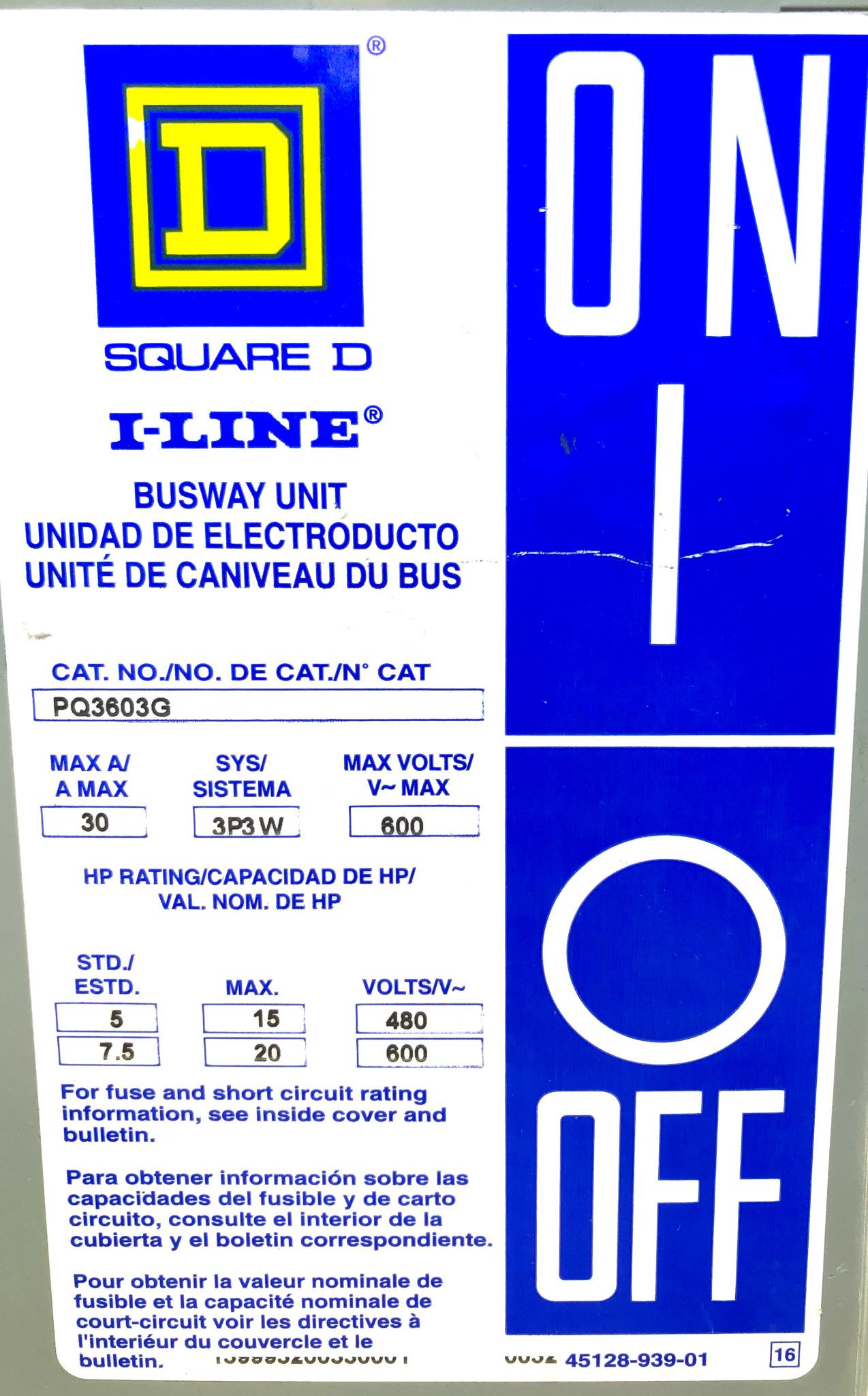 Square D PQ3603G 3P3W 30Amp 600Vac I-Line Fusible Busway Switch