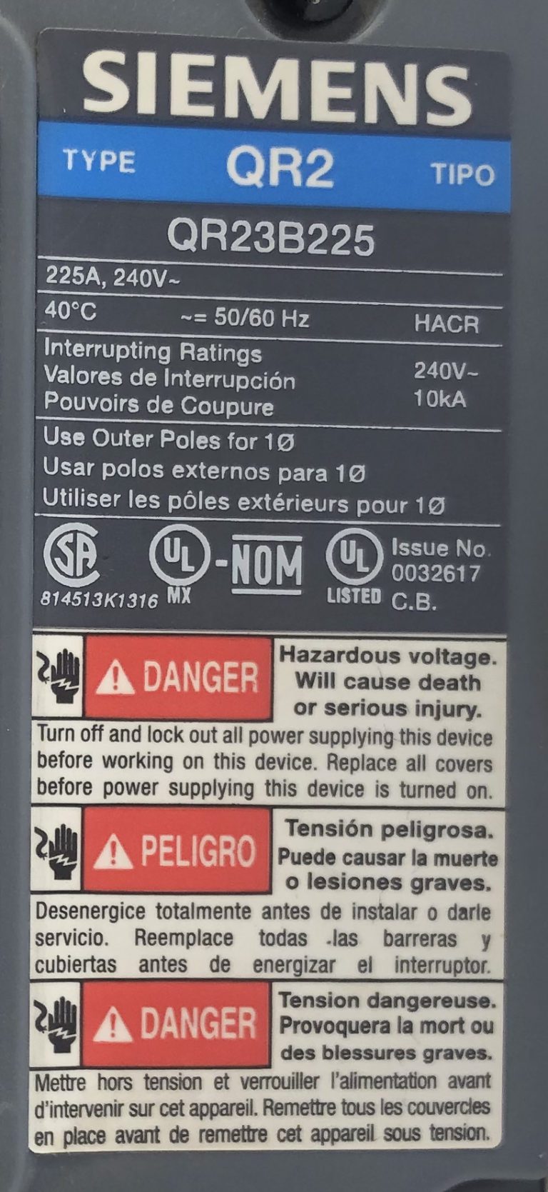 Siemens QR23B225 3 Pole 225 Amp 240 Vac Circuit Breaker (CHIP)