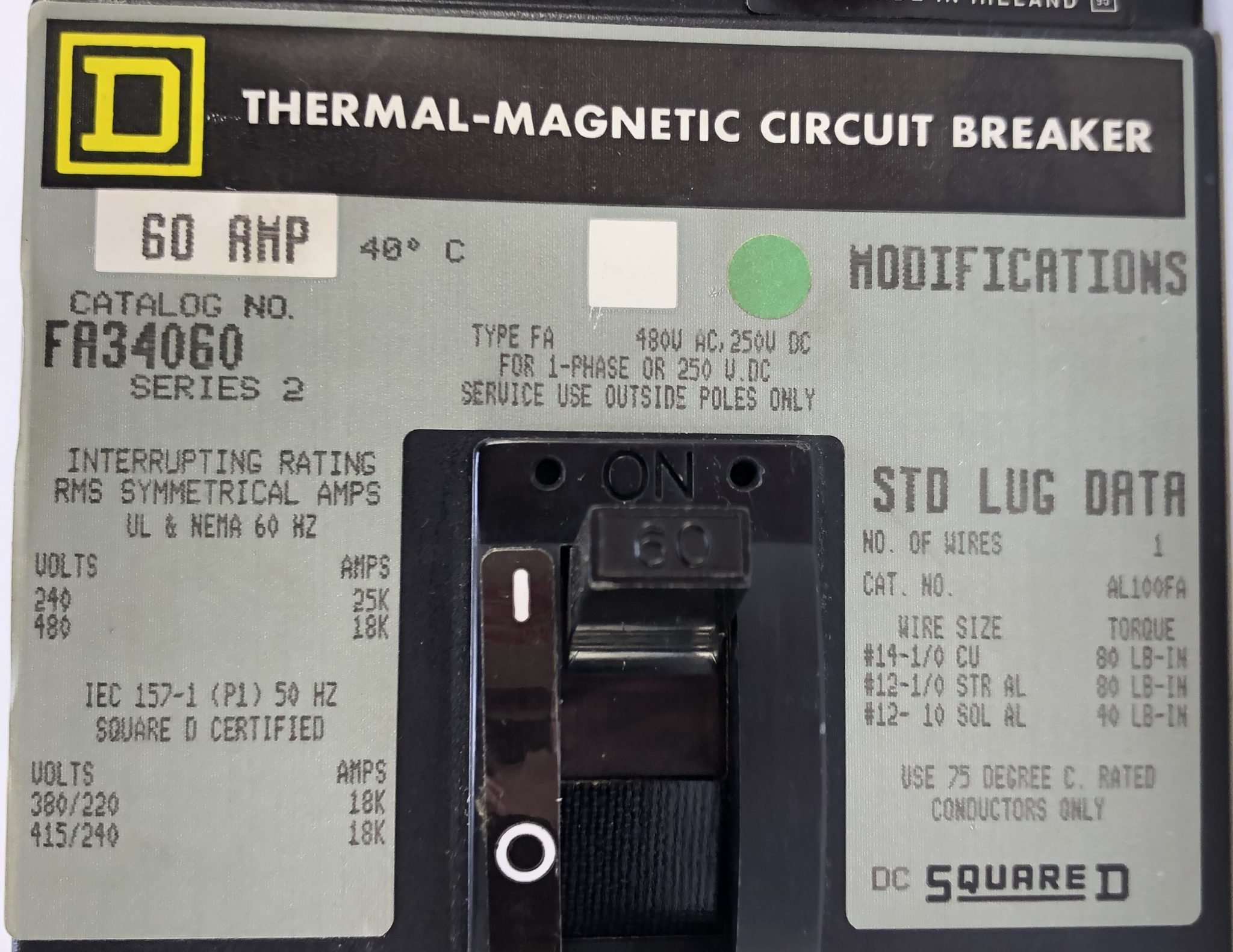 Square D FA34060 3 Pole 60 Amp 480 Vac I-Line Circuit Breaker