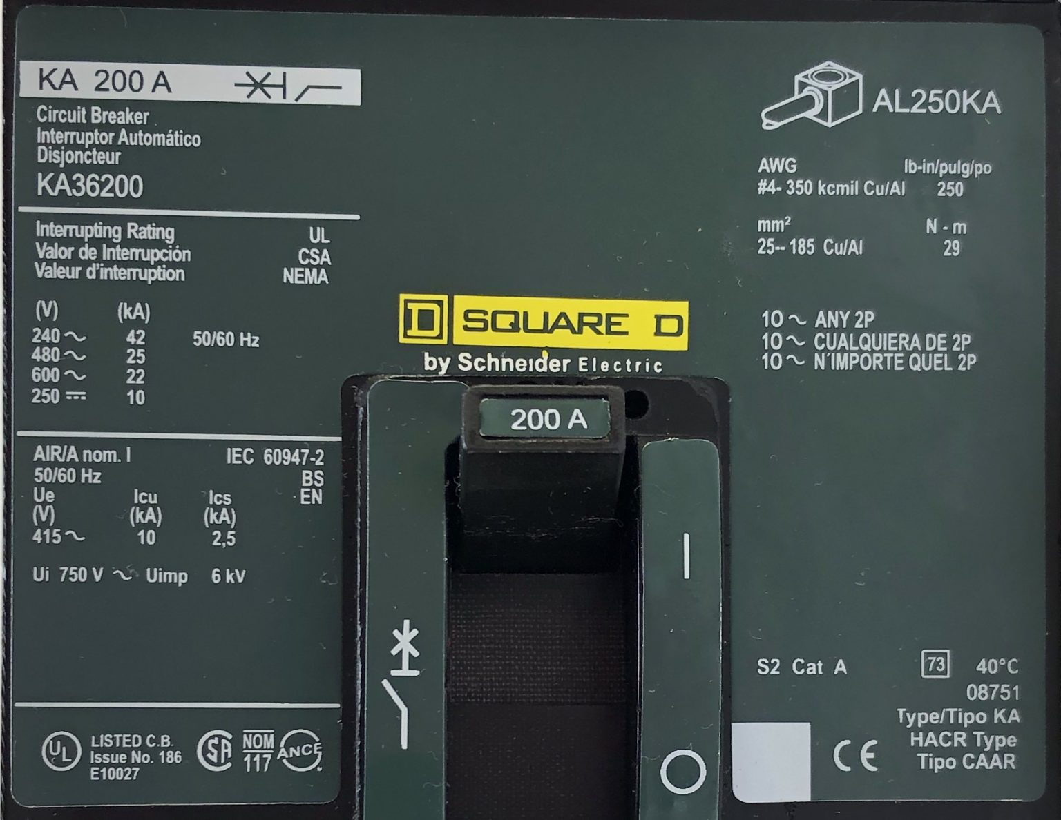 Square D KA36200 3 Pole 200 Amp 600 Vac I-Line Circuit Breaker
