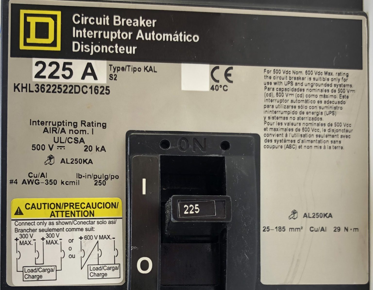 Square D KHL3622522DC1625 3Pole 225A 500Vdc Breaker W/AUXx2 & UV