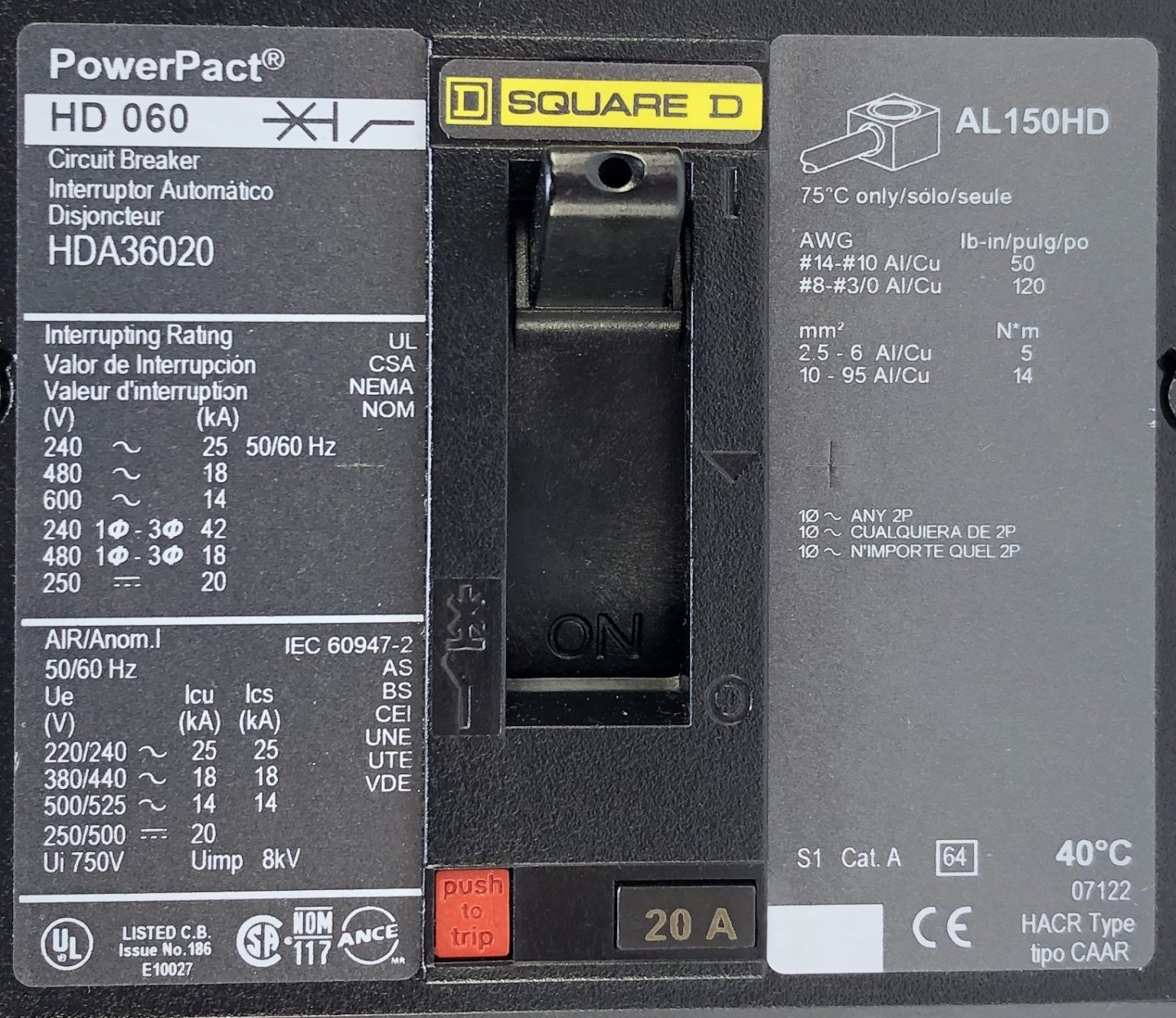 Square D HDA36020 3 Pole 20 Amp 600 Vac I-Line Circuit Breaker