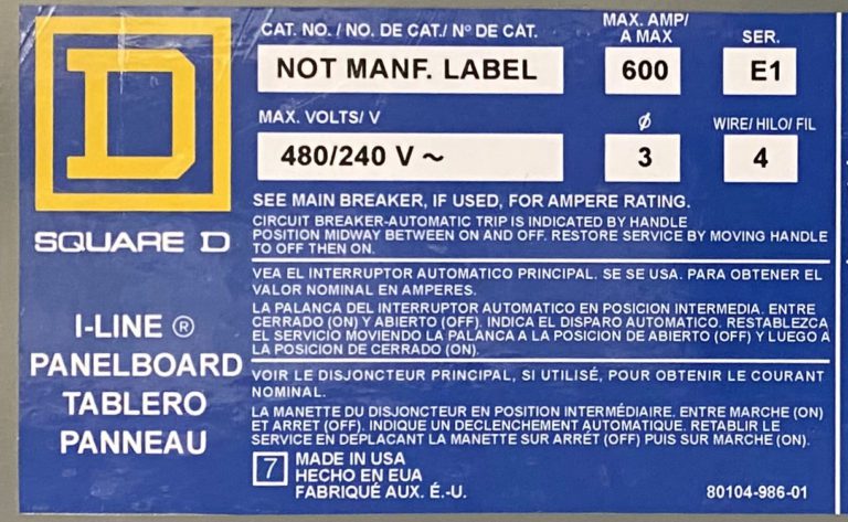 Square D 3P4W 600Amp 480Vac 42 Circuits MLO I-Line Breaker Panel