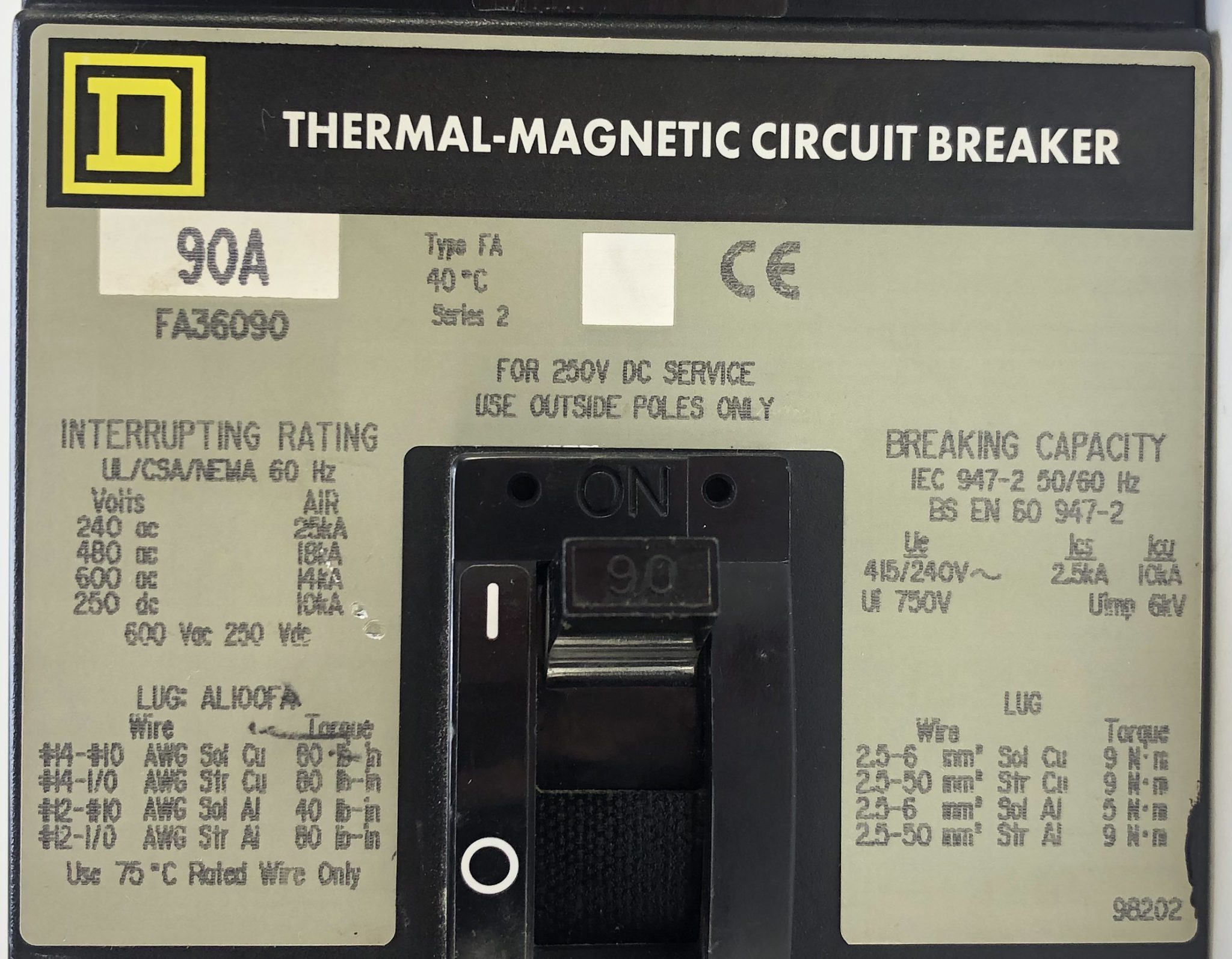 Square D FA36090 3Pole 90Amp 600Vac I-Line Circuit Breaker (CHIP)