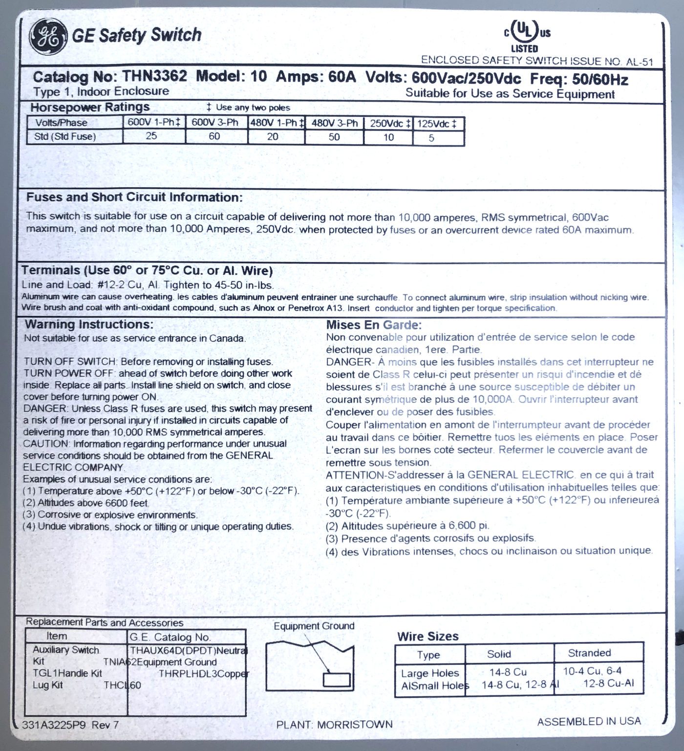 General Electric THN3362 3P3W 60A 600V Non-Fusible Switch (New)