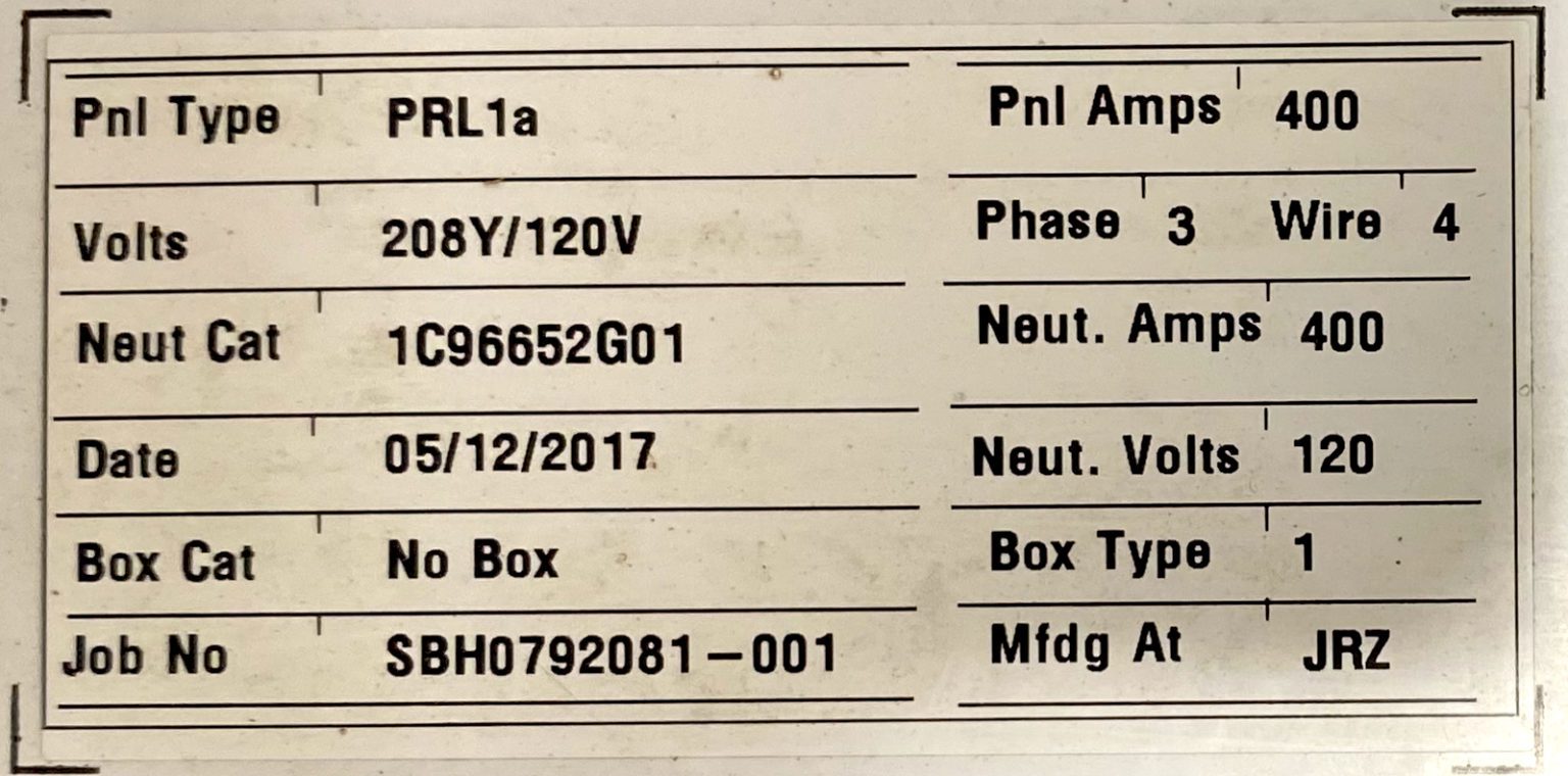 Eaton PRL1A 3P4W 400 Amp 208Y/120 Vac 30 Cir Main Breaker Panel