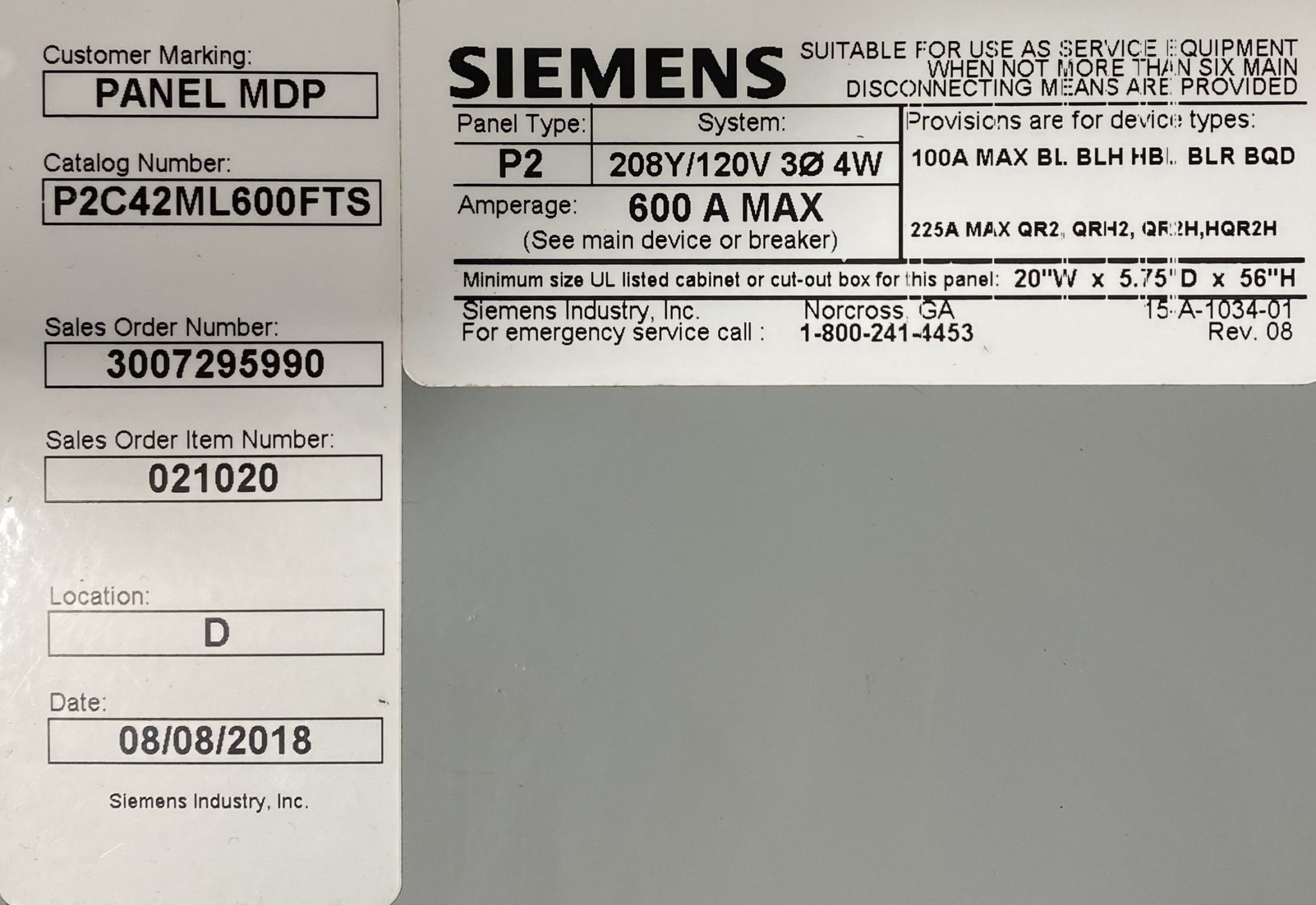 Siemens Type P2 3P4W 600 Amp 208Y/120 Vac 36 Cir MLO Panel