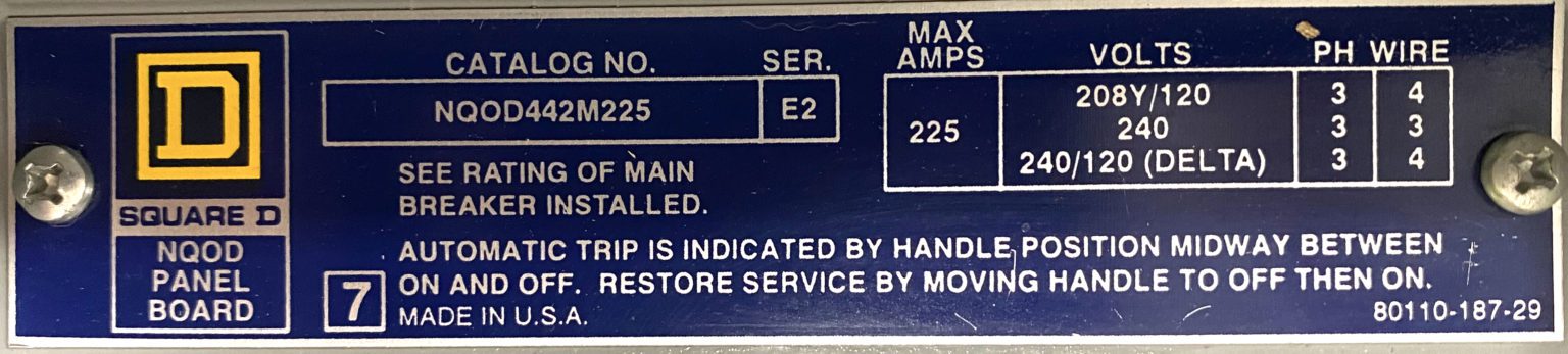 Square D NQOD 3P4W 225 Amp 240 Vac 42 Cir Main Breaker Panel