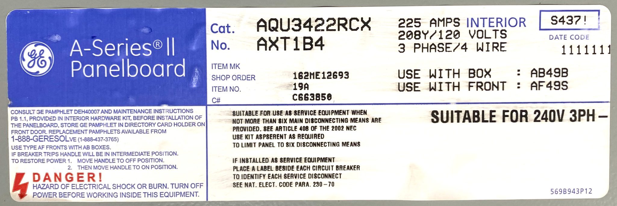 General Electric 3P4W 225Amp 208Y/120Vac 42Cir Main Breaker Panel