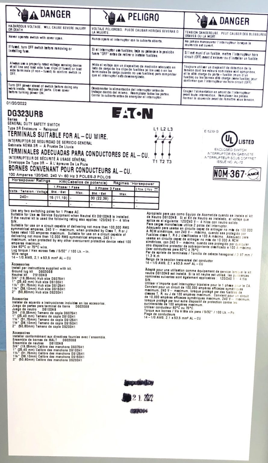 Eaton DG323URB 3P3W 100A 240Vac General Safety Switch (MB) (NIB)
