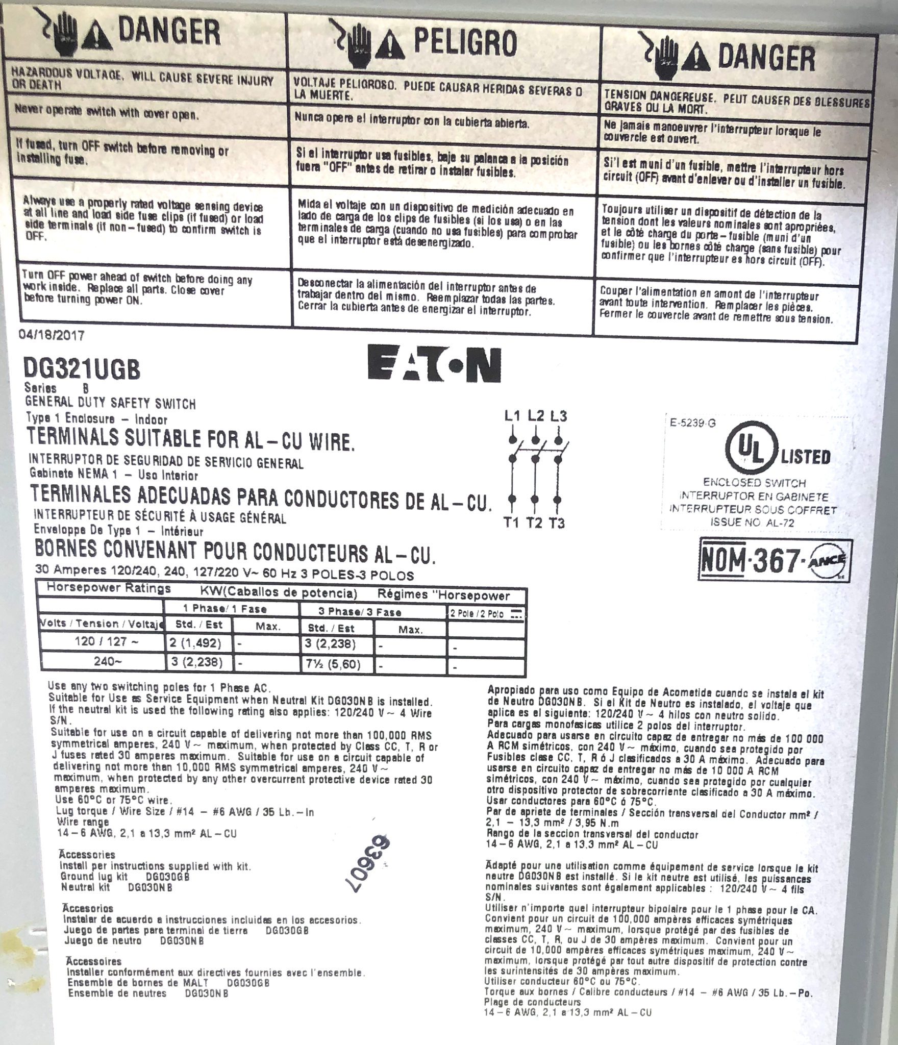 Eaton DG321UGB 3P3W 30 Amp 240Vac Non-Fusible Safety Switch (NIB)