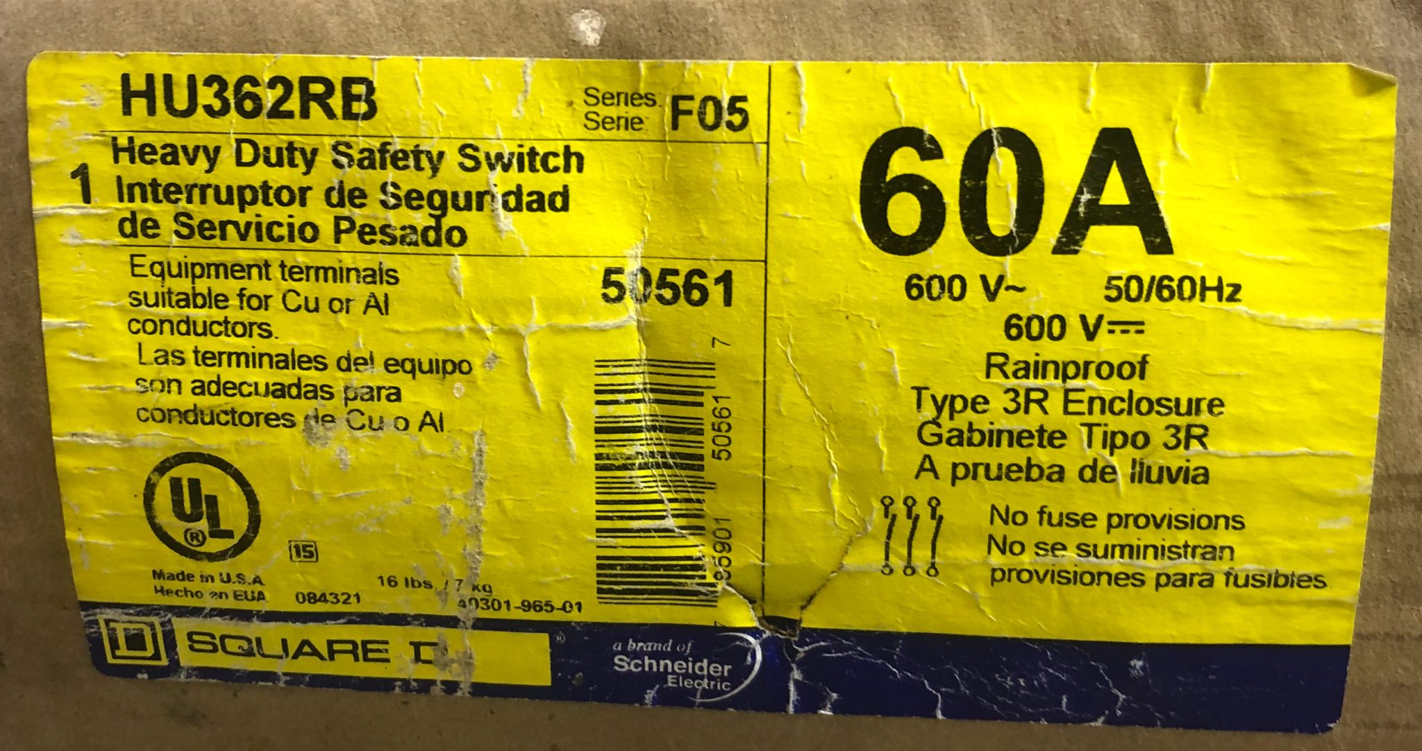 Square D HU362RB 3P3W 60 Amp 600 Vac Fusible Safety Switch (NIB ...