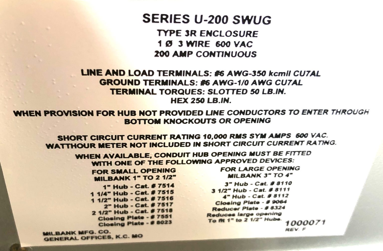 Milbank U-200 SWUG 3 Wire 200 Amp 600 Vac Meter Enclosure (NS)