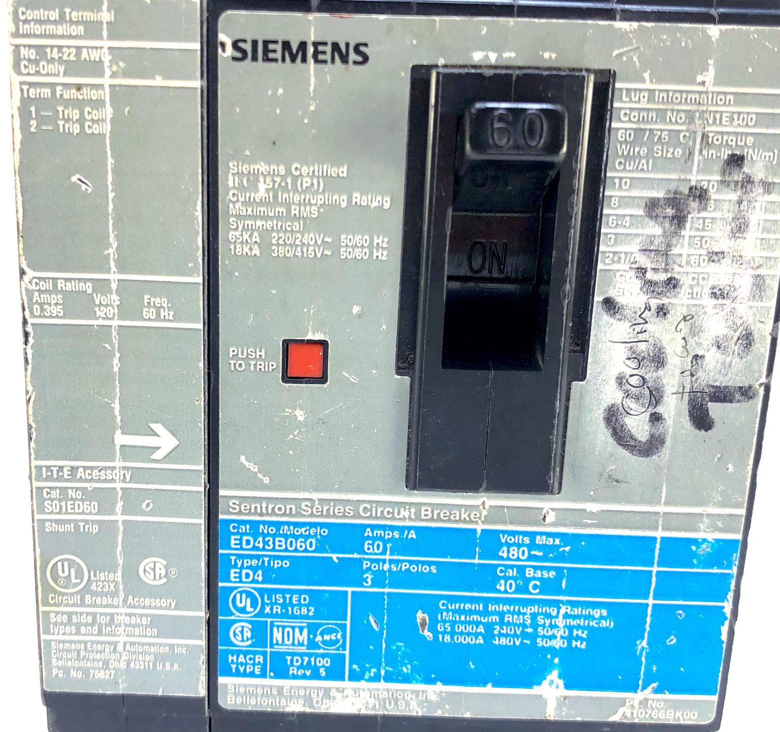 Siemens ED43B060 3Pole 60Amp 480Vac Circuit Breaker w/ Shunt Trip