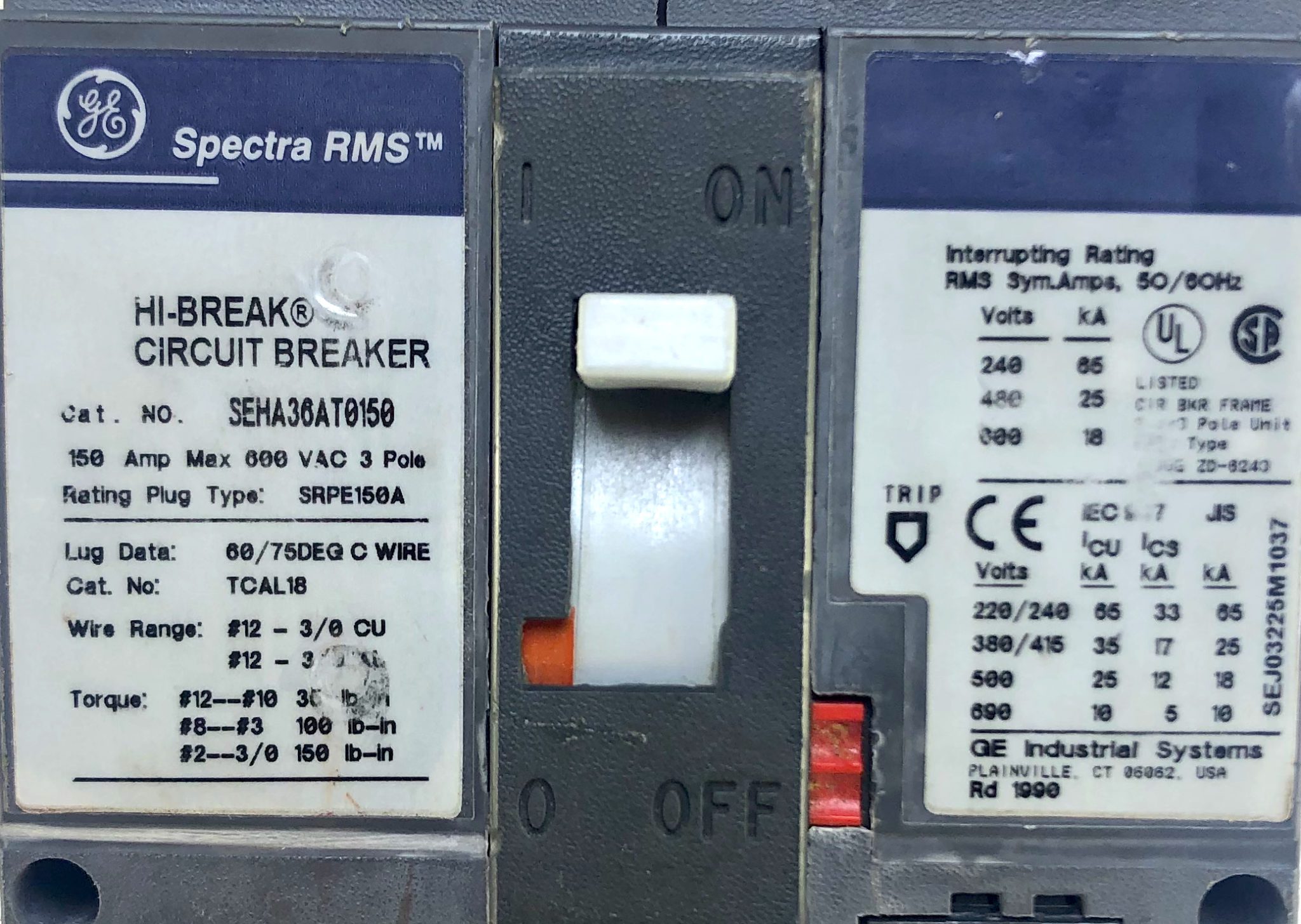 General Electric SEHA36AT0150 3P 150A 600V Circuit Breaker w/Plug