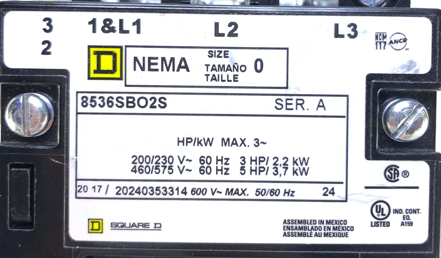 Square D 8536SBO2S 3Pole 600Vac Motor Starter w/ 110/120 Vac Coil