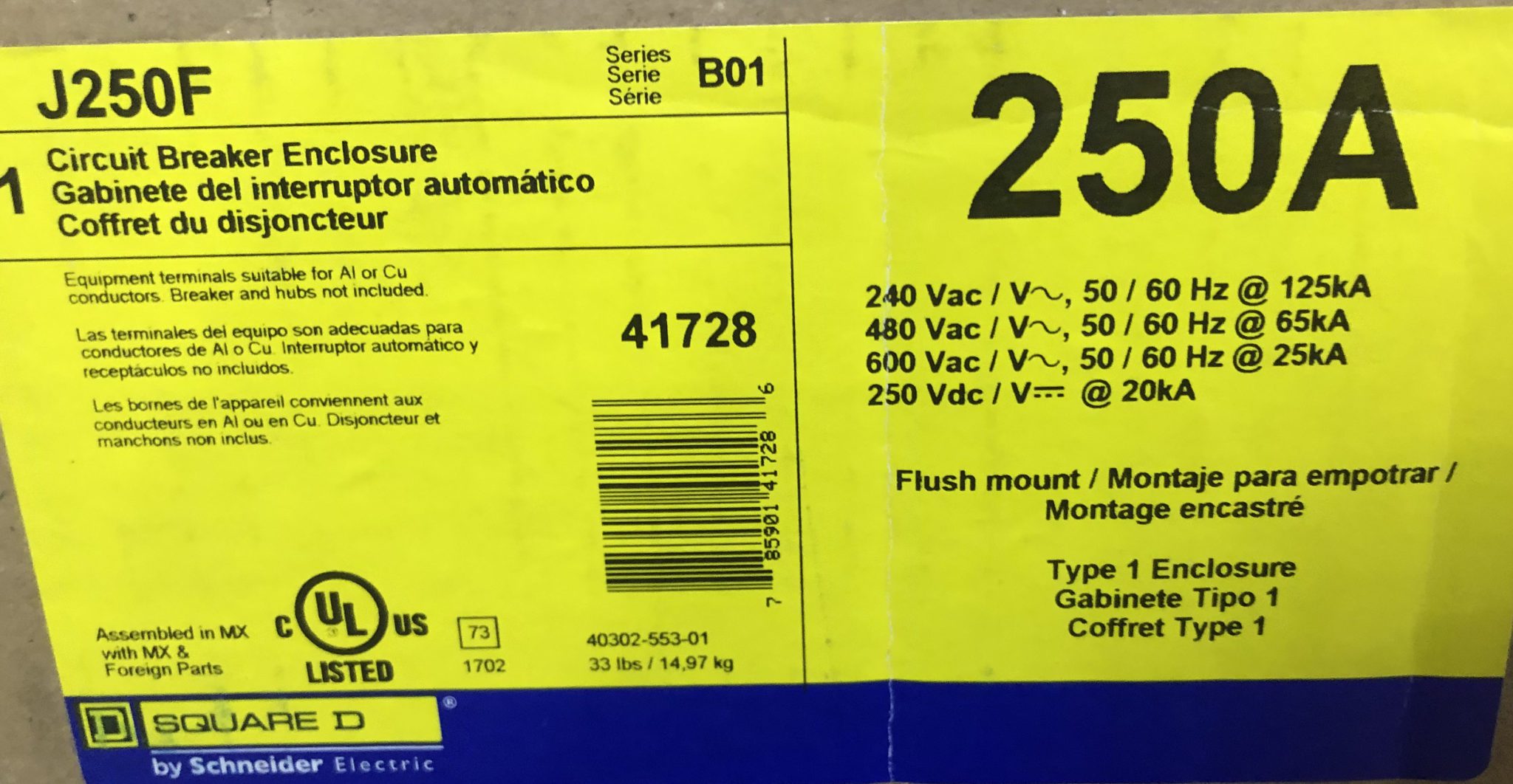 Square D J250F 3P4W 250 Amp 600Vac Type 1 Breaker Enclosure (NIB ...