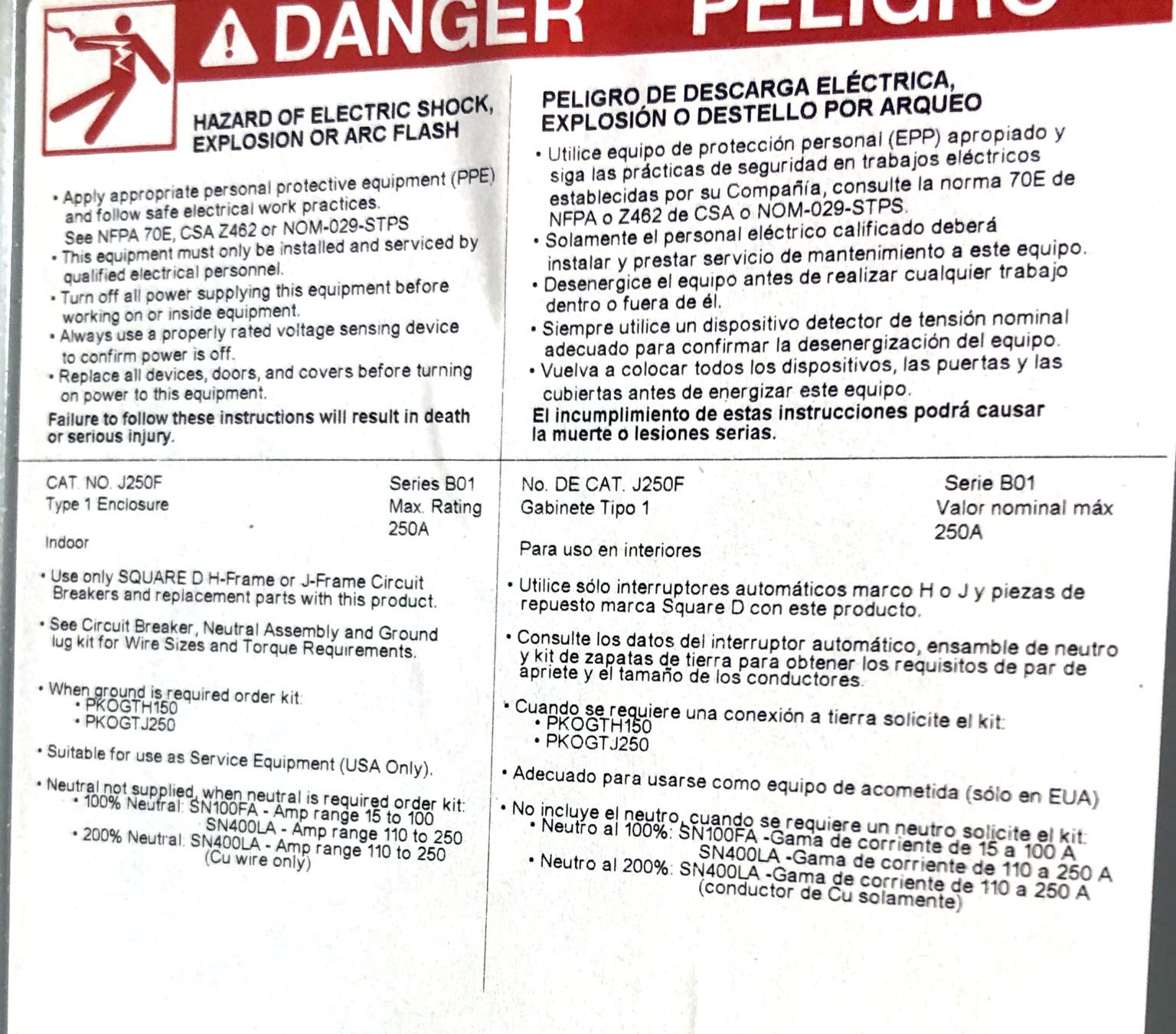 Square D J250F 3P4W 250 Amp 600Vac Type 1 Breaker Enclosure (NIB ...