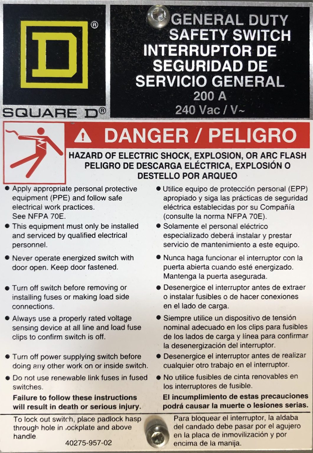 Square D DU324RB 3P3W 200A 240V Non-Fusible Safety Switch (NIB)