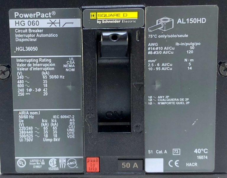 Square D HGL36050 3 Pole 50 Amp 600 Vac PowerPact Circuit Breaker