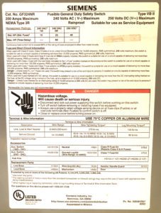 Siemens GF324NR 3P4W 200 Amp 240 Vac Fusible Safety Switch