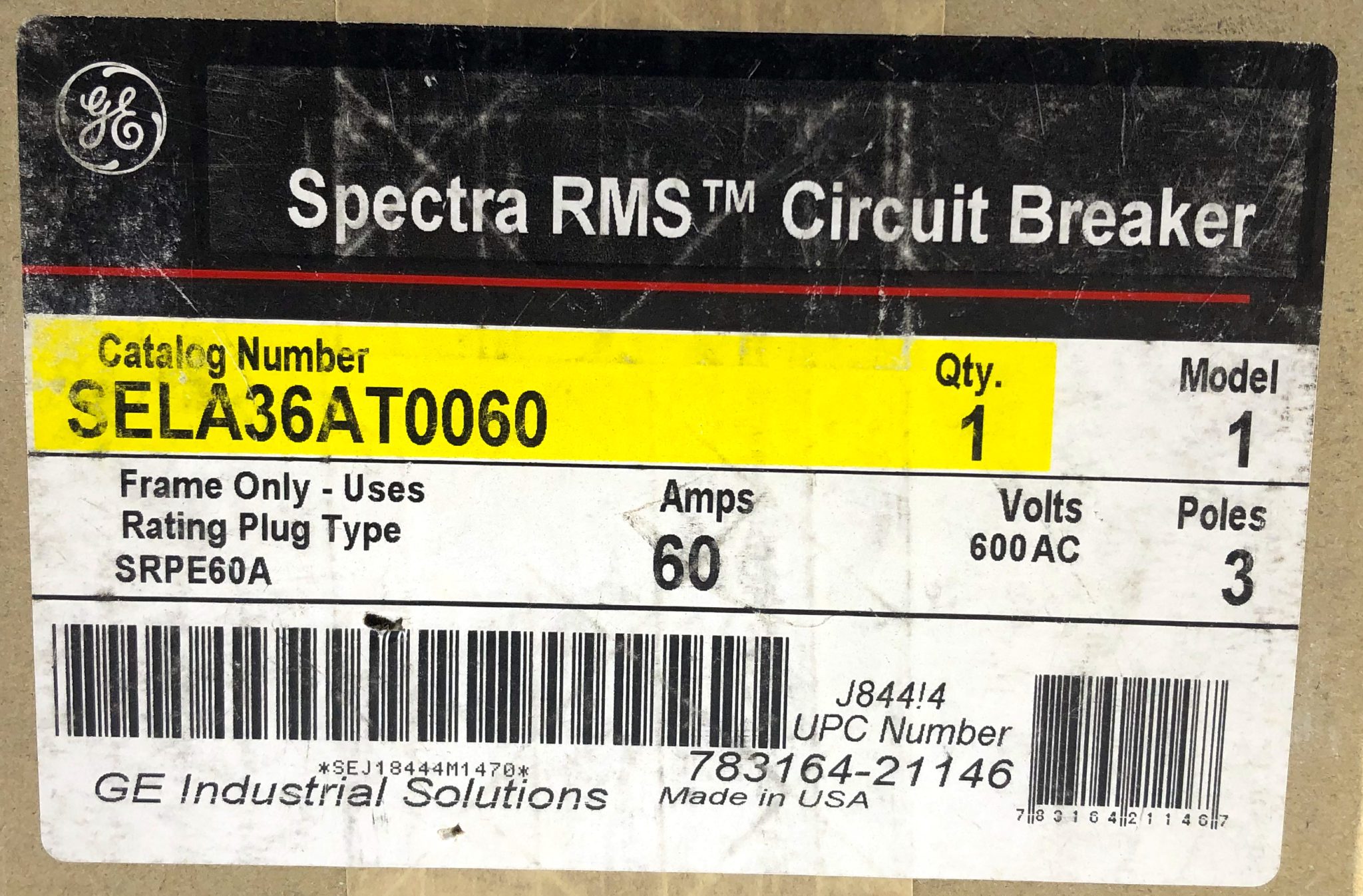 General Electric SELA36AT0060 3 Pole 60A 600Vac Breaker (SEALED)