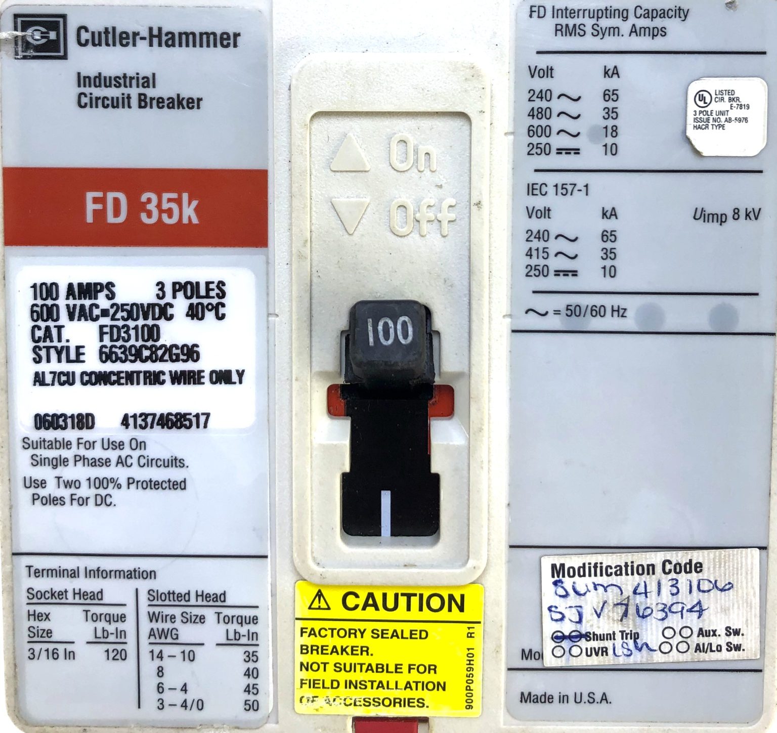 Cutler-Hammer FD3100 3Pole 100Amp 600Vac Circuit Breaker w/ Shunt
