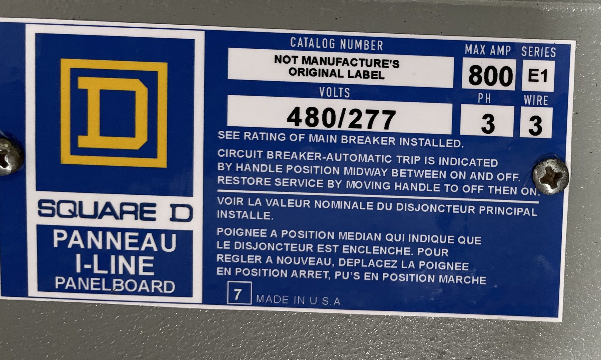 Square D 3P3W 800 Amp 480/277Vac 42Cir Main Lug Only I-Line Panel