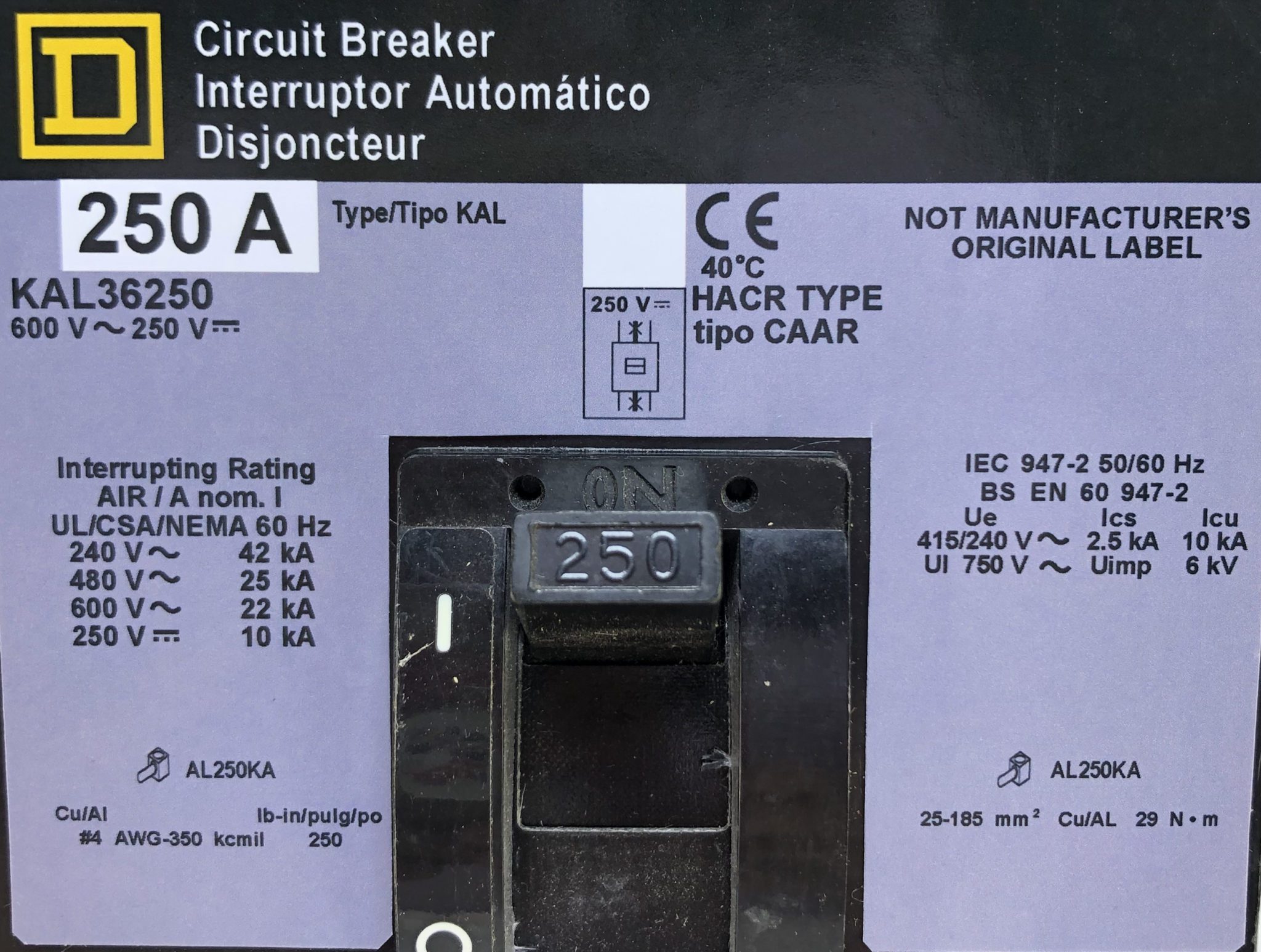 Square D KAL36250 3 Pole 250 Amp 600 Vac Circuit Breaker