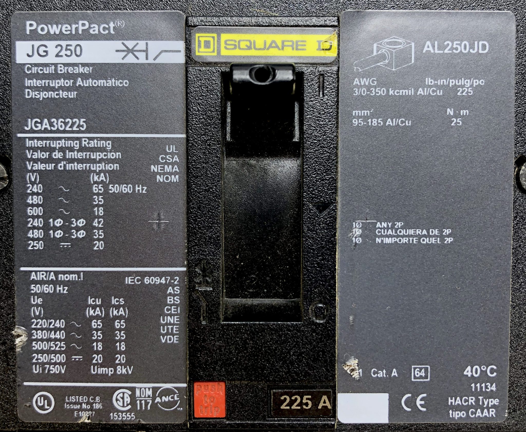 Square D JGA36225 3 Pole 225 Amp I-Line PowerPact Breaker (CHIP)