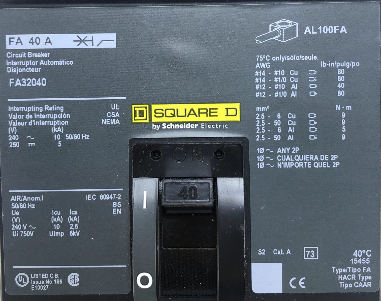 Square D FA32040 3 Pole 40 Amp 240 Vac I-Line Circuit Breaker