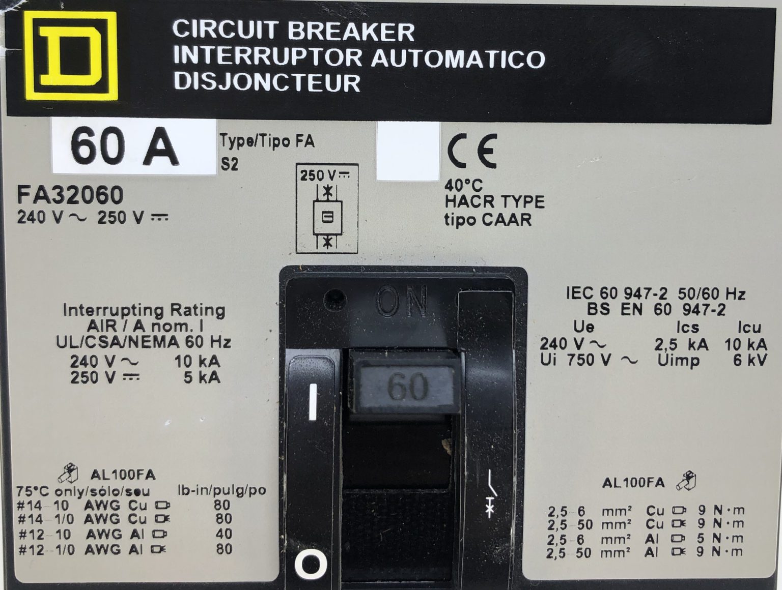 Square D FA32060 3 Pole 60 Amp 240 Vac I-Line Circuit Breaker
