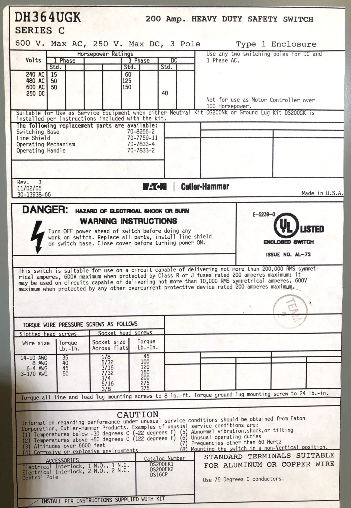Eaton DH364UGK 3P3W 200Amp 600Vac Heavy Duty Switch (New Surplus)