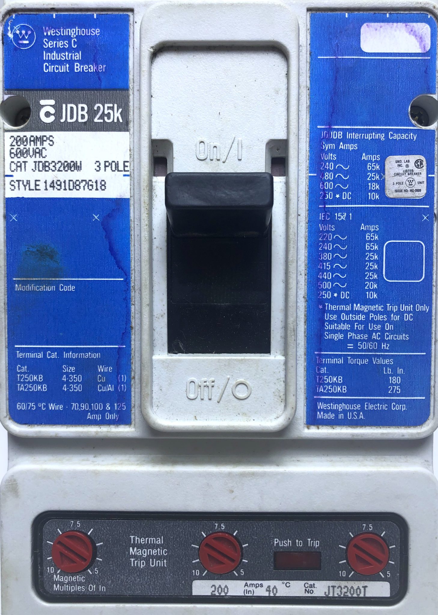 Westinghouse JDB3200W 3 Pole 200 Amp 600 Vac Breaker w/200A Trip
