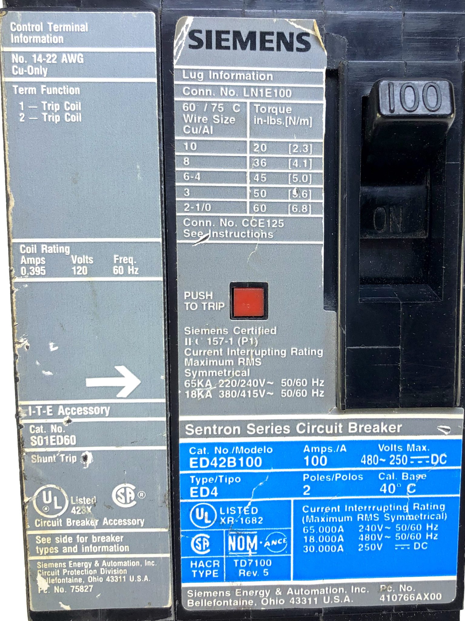 Siemens ED42B100 2P 100A 480V Breaker w/ Shunt Trip & Main Base