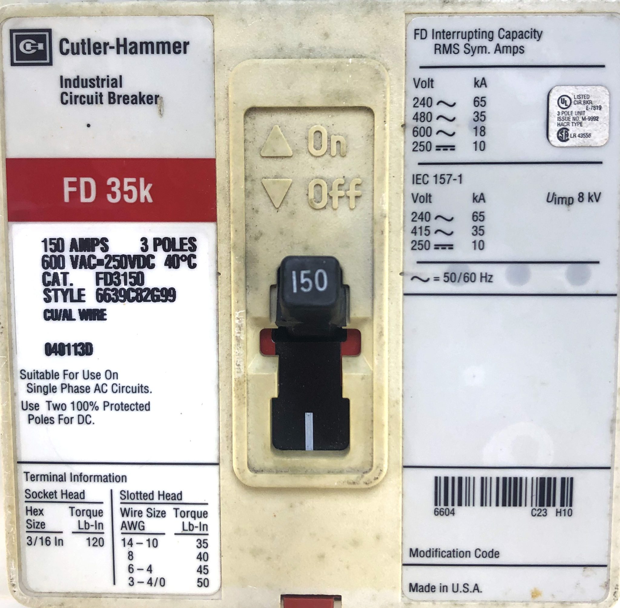 Cutler Hammer FD3150 3 Pole 150 Amp 600 Vac Breaker w/ Base