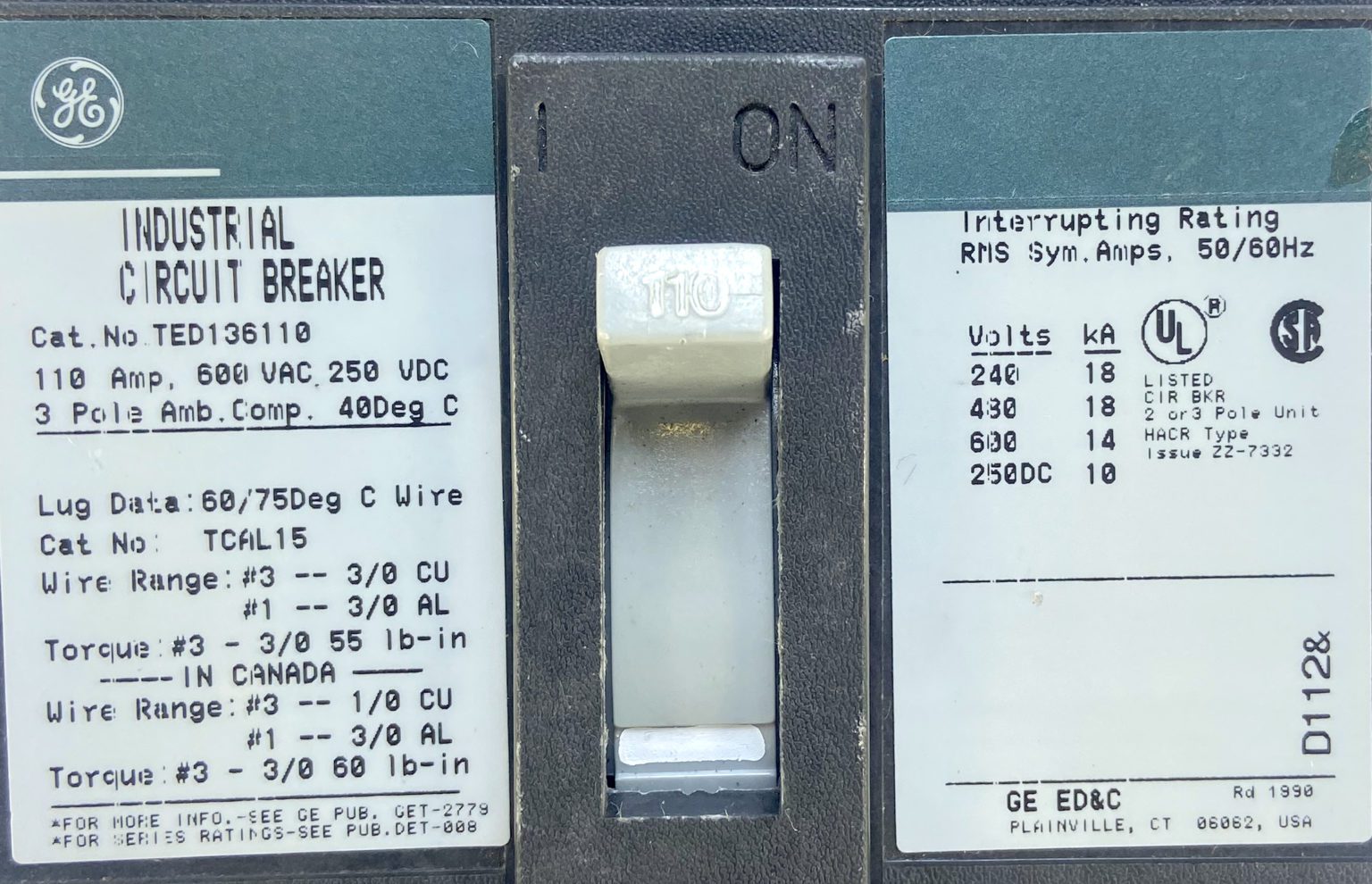 General Electric TED136110 3 Pole 110 Amp 600 Vac Circuit Breaker