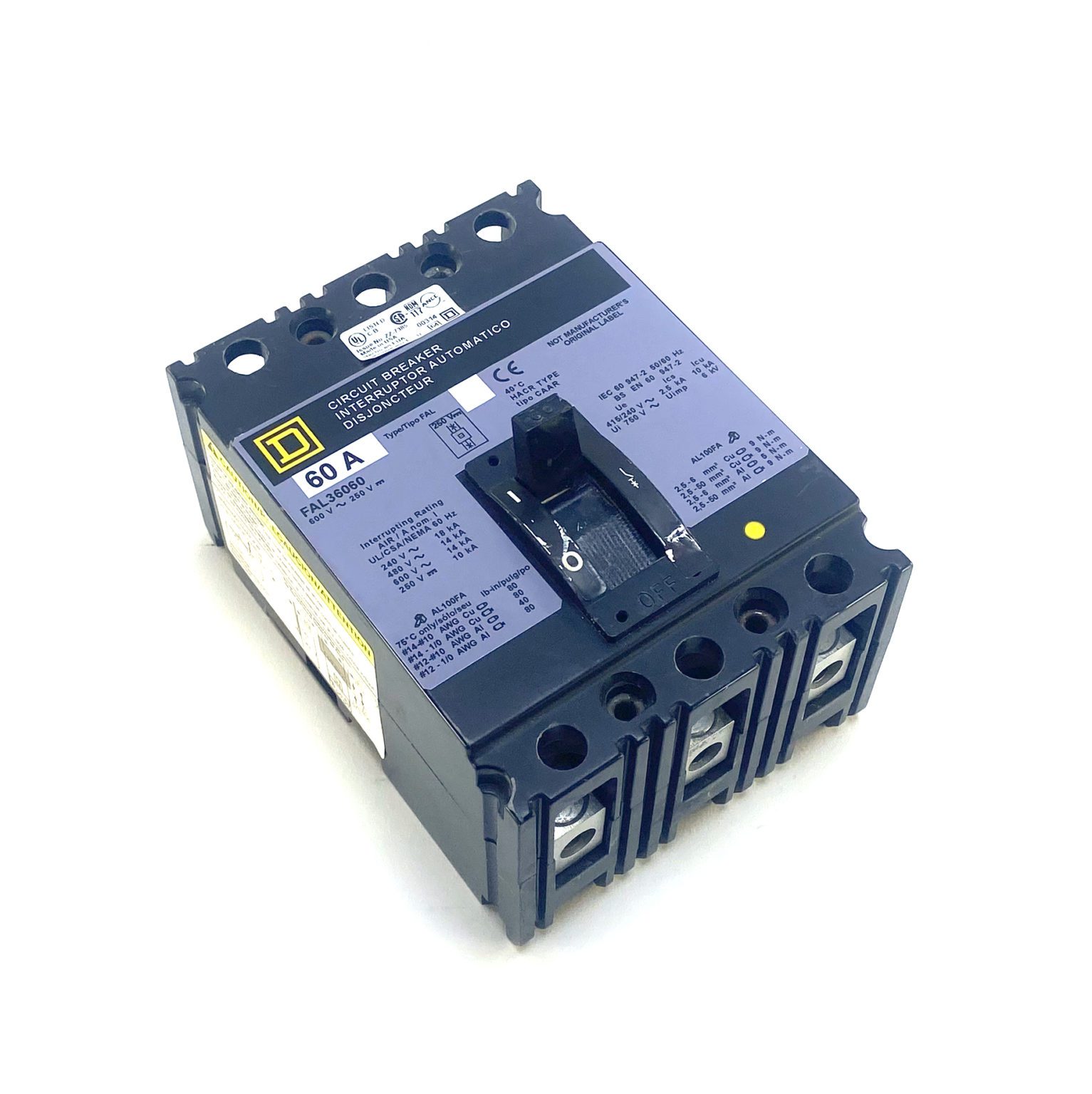 Square D FAL36060 3 Pole 60 Amp 600 Vac Circuit Breaker