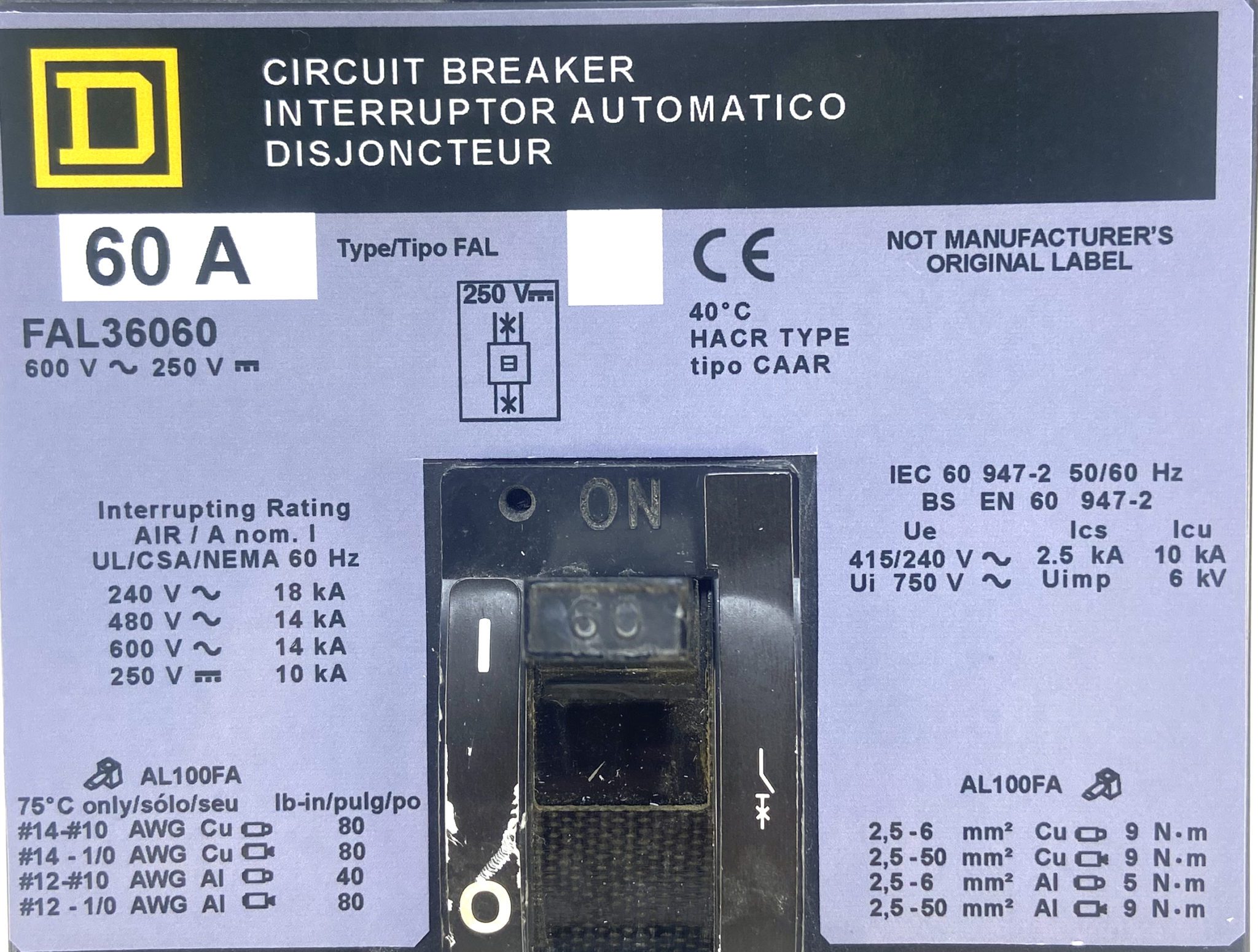 Square D FAL36060 3 Pole 60 Amp 600 Vac Circuit Breaker