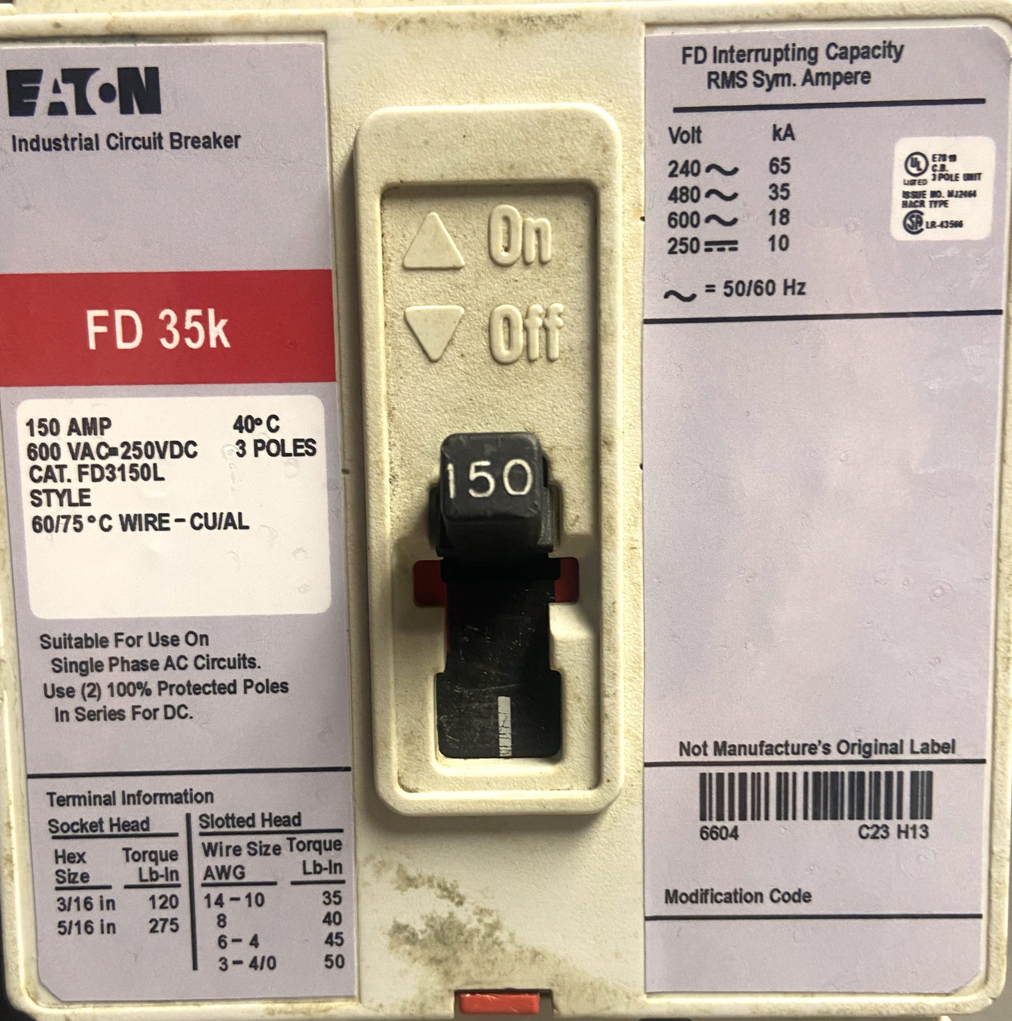 Eaton FD3150L 3 Pole 150 Amp 600 Vac Circuit Breaker