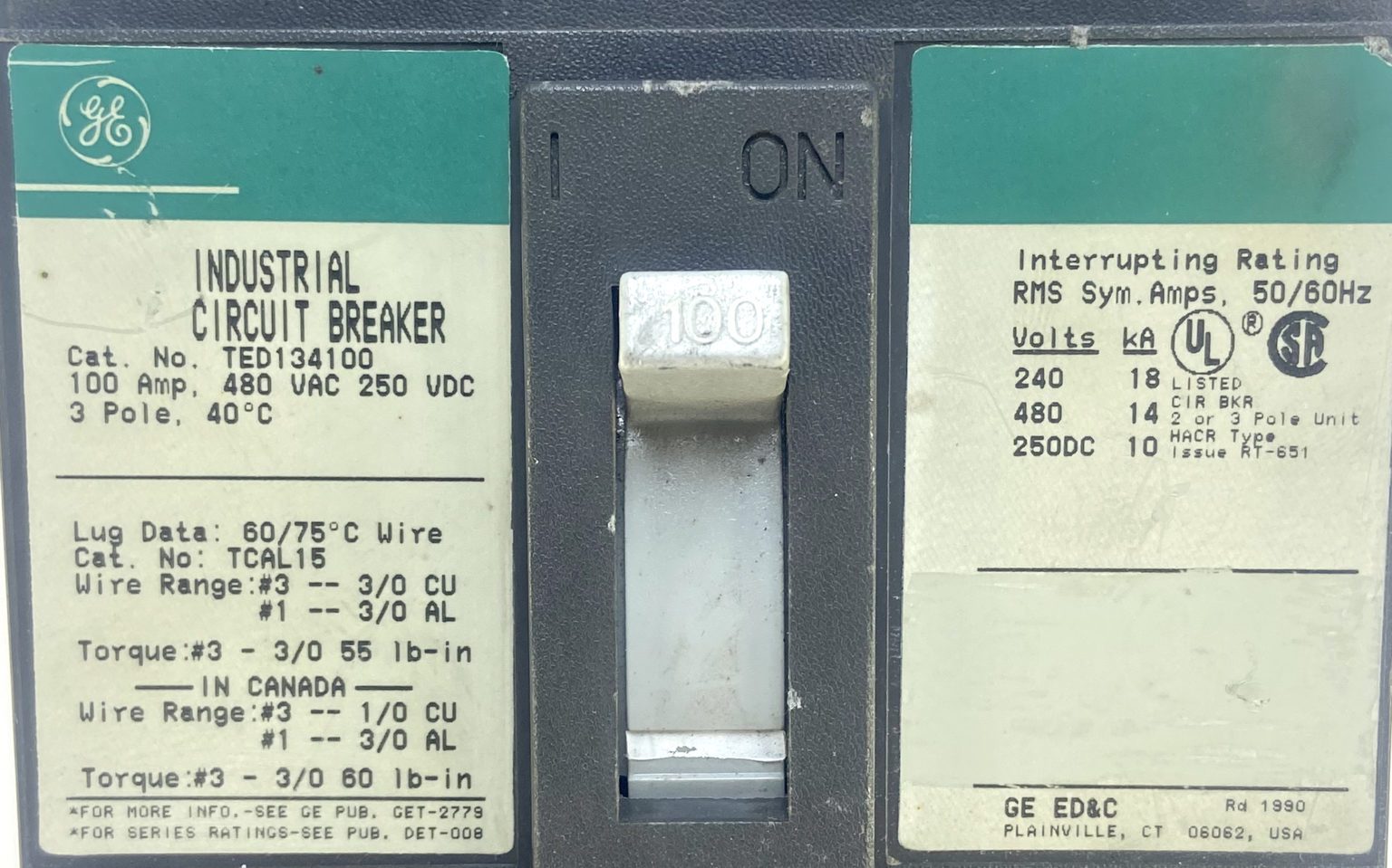 General Electric THED134100 3 Pole 100Amp 480 Vac Circuit Breaker