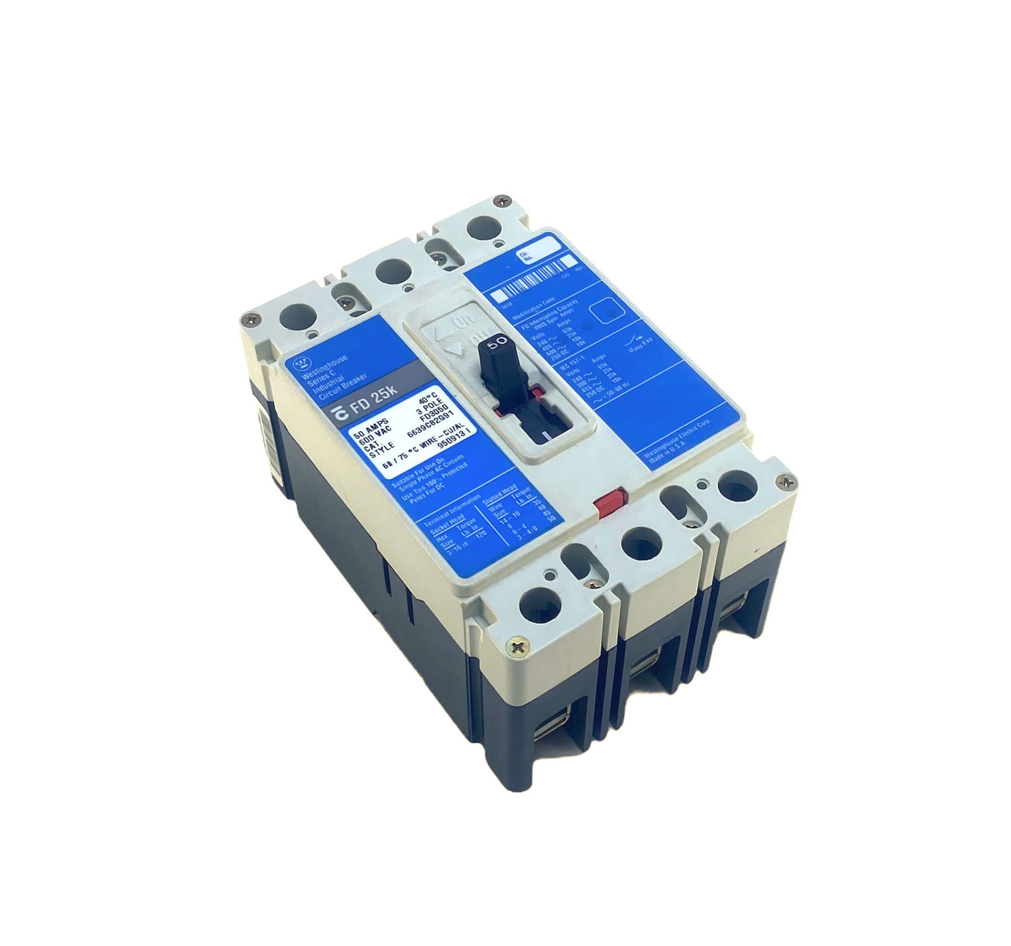 Westinghouse FD3050 3 Pole 50 Amp 600 Vac Circuit Breaker
