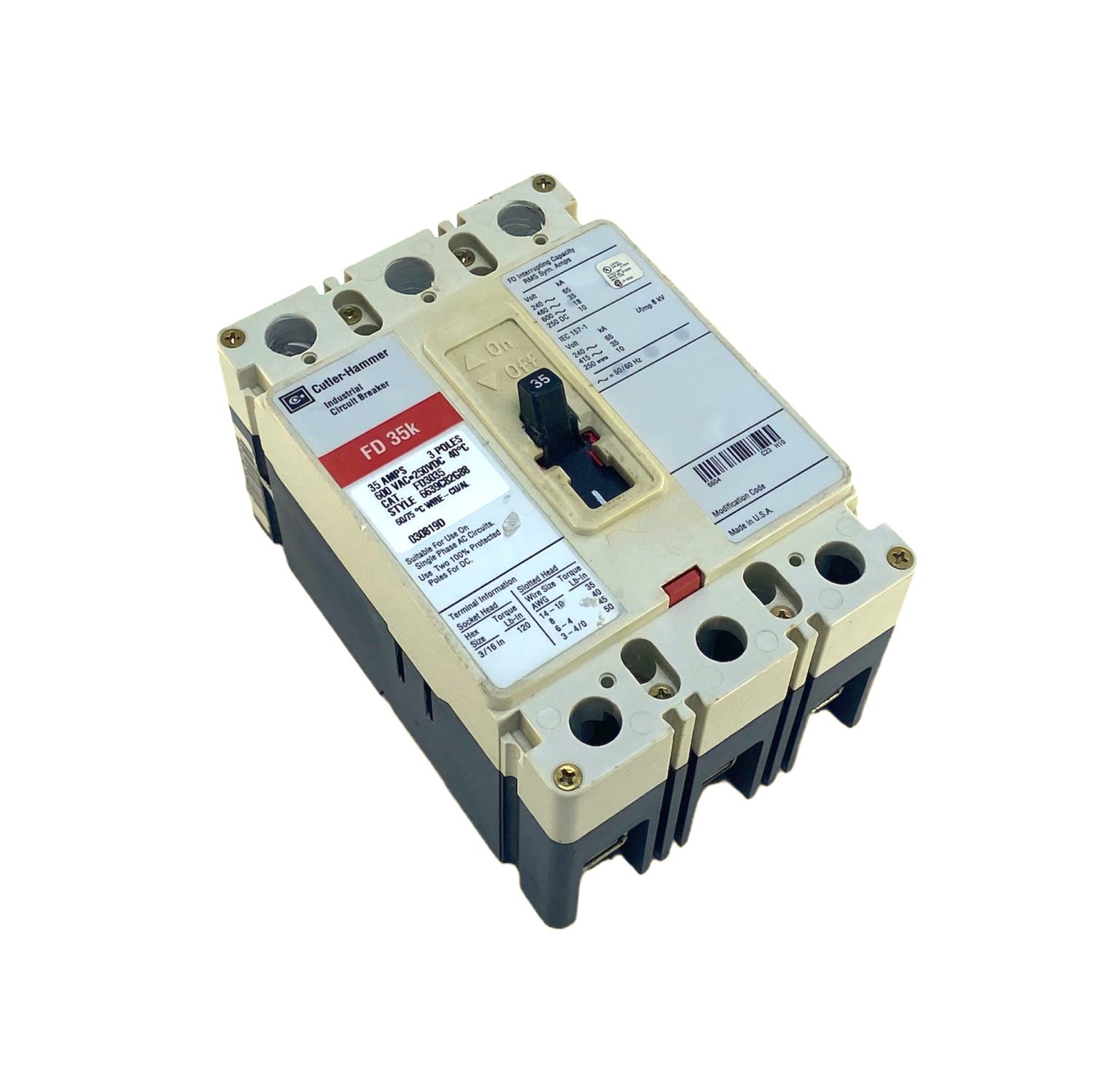 Cutler Hammer FD3035 3 Pole 35 Amp 600 Vac Circuit Breaker