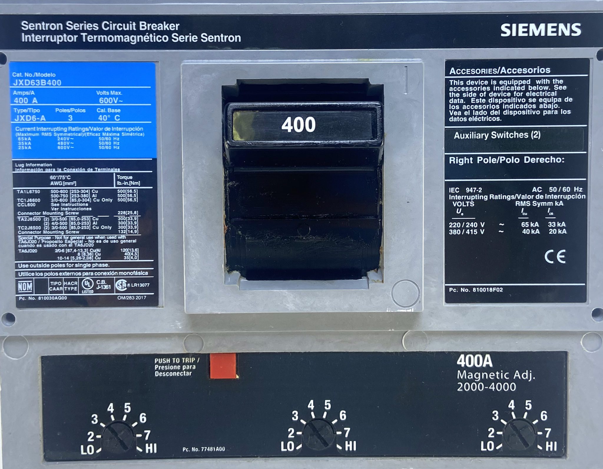 Siemens JXD63B400 3Pole 400Amp 600Vac Circuit Breaker w/400A Trip