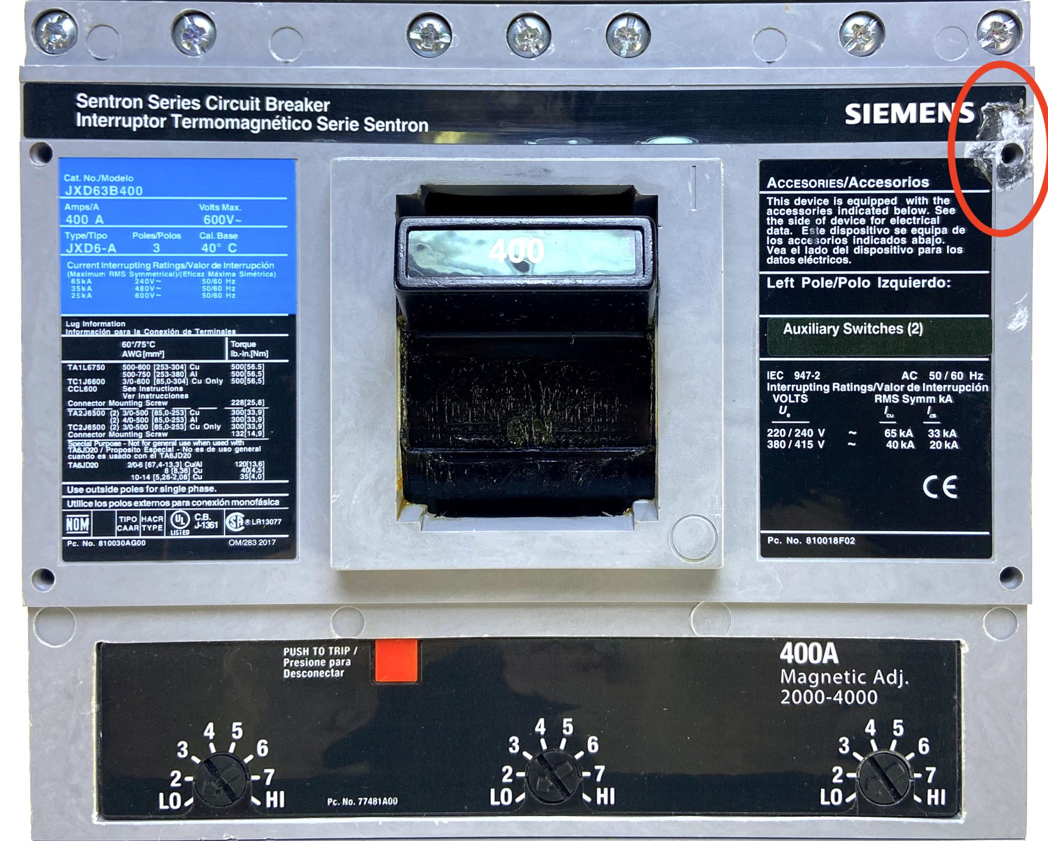Siemens JXD63B400 3Pole 400Amp 600Vac Breaker w/Trip Unit (CHIP)
