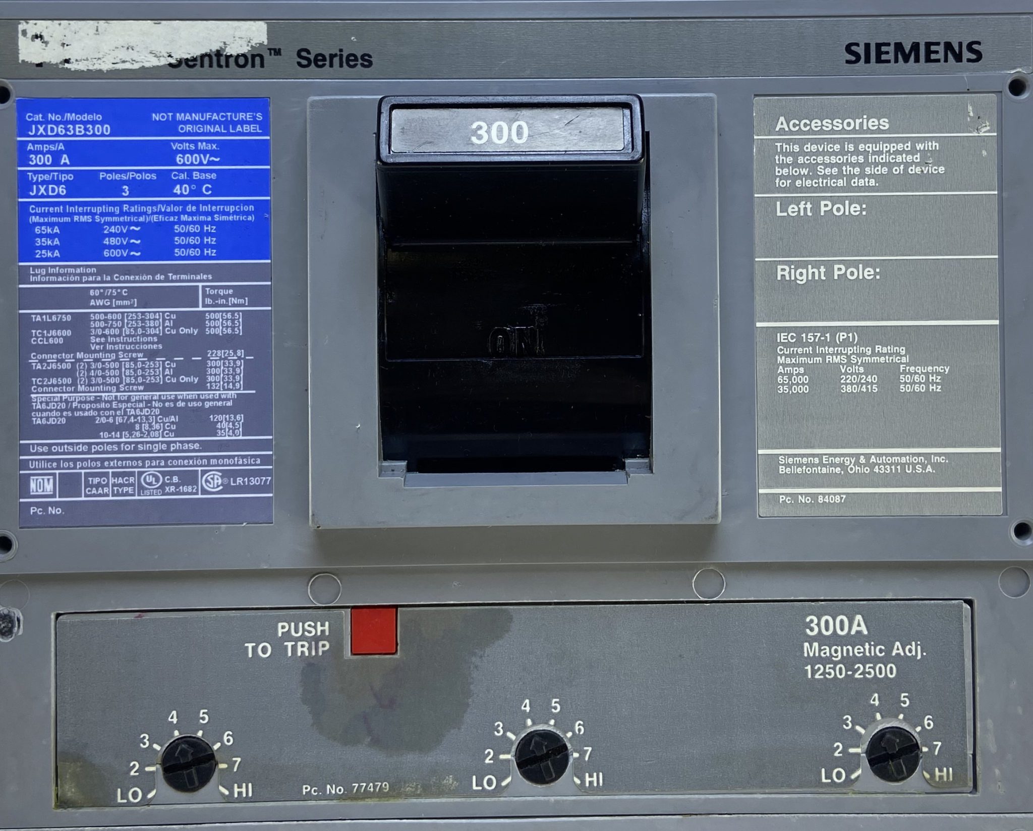 Siemens JXD63B300 3 Pole 300 Amp 600 Vac Circuit Breaker (CHIP)