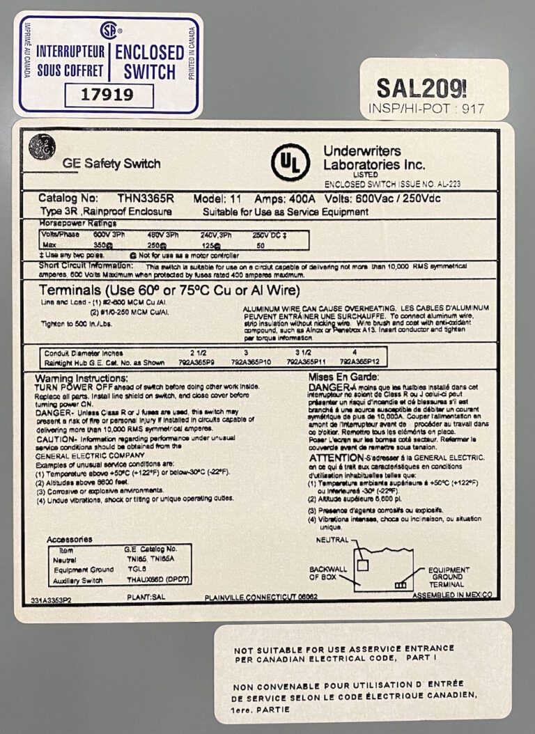 General Electric THN3365R 3P4W 400A 600V Safety Switch (SURPLUS)