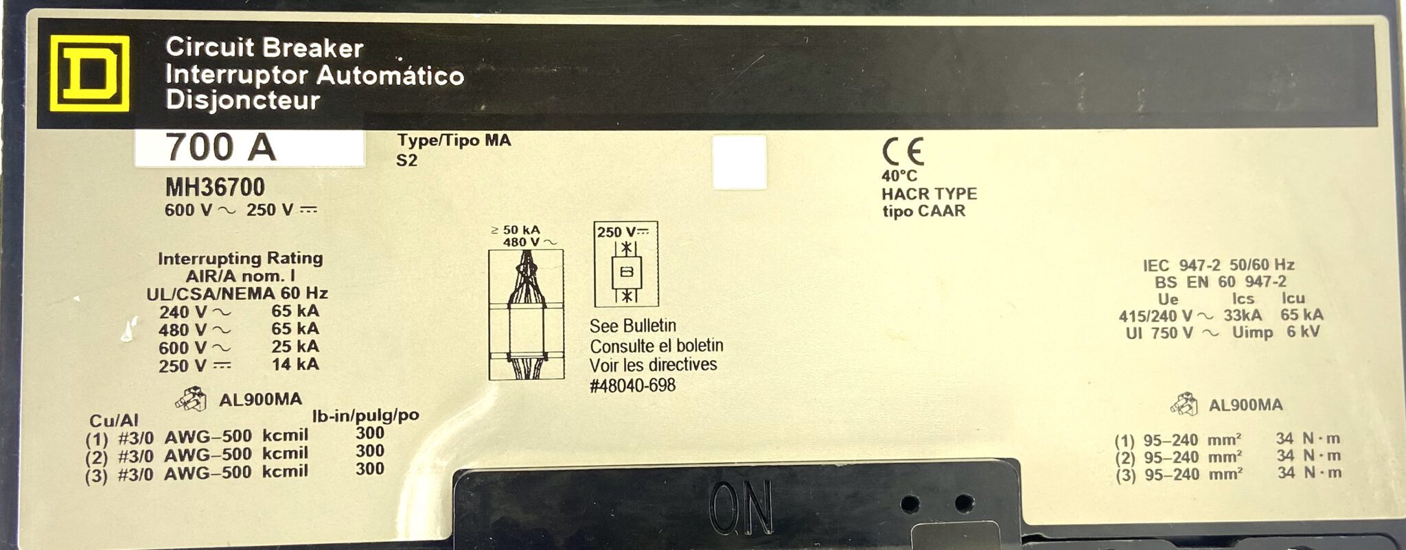 Square D MH36700 3 Pole 700 Amp 600 Vac I-Line Circuit Breaker