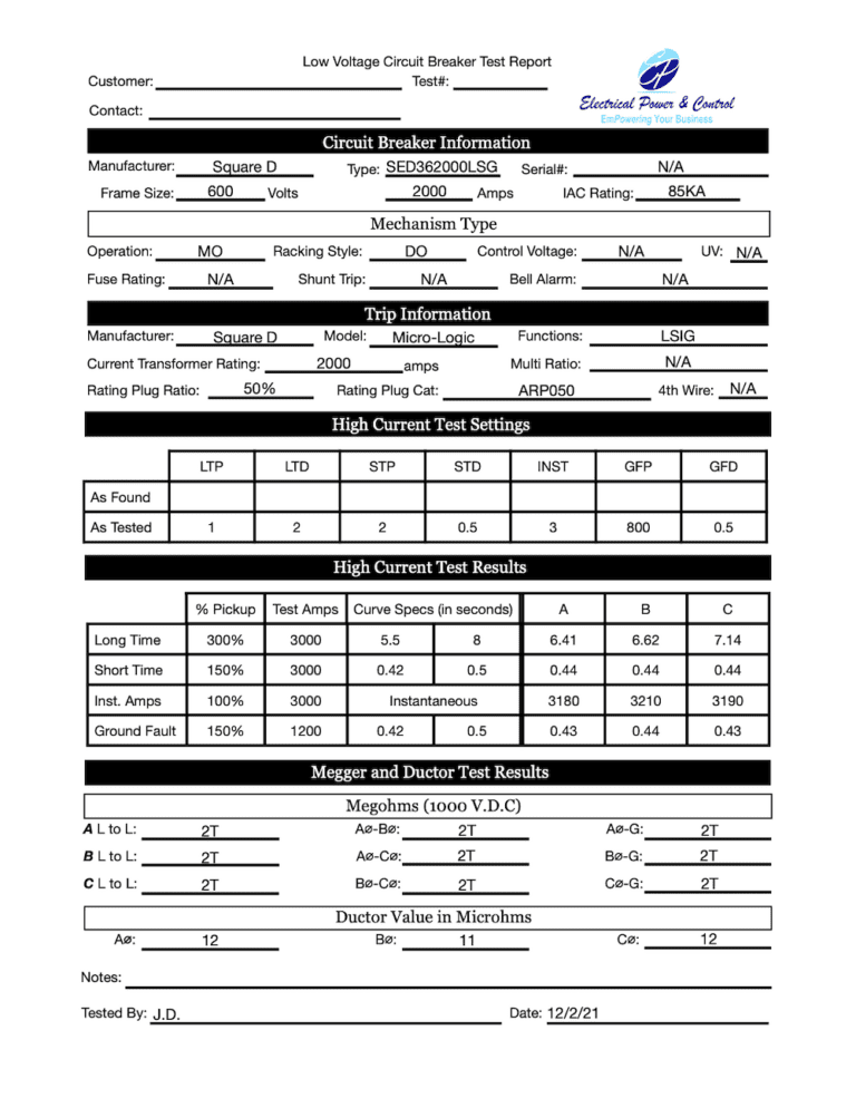 SquareD SED362000LSG 3P 2000A 600Vac Trip Breaker w/Test Report